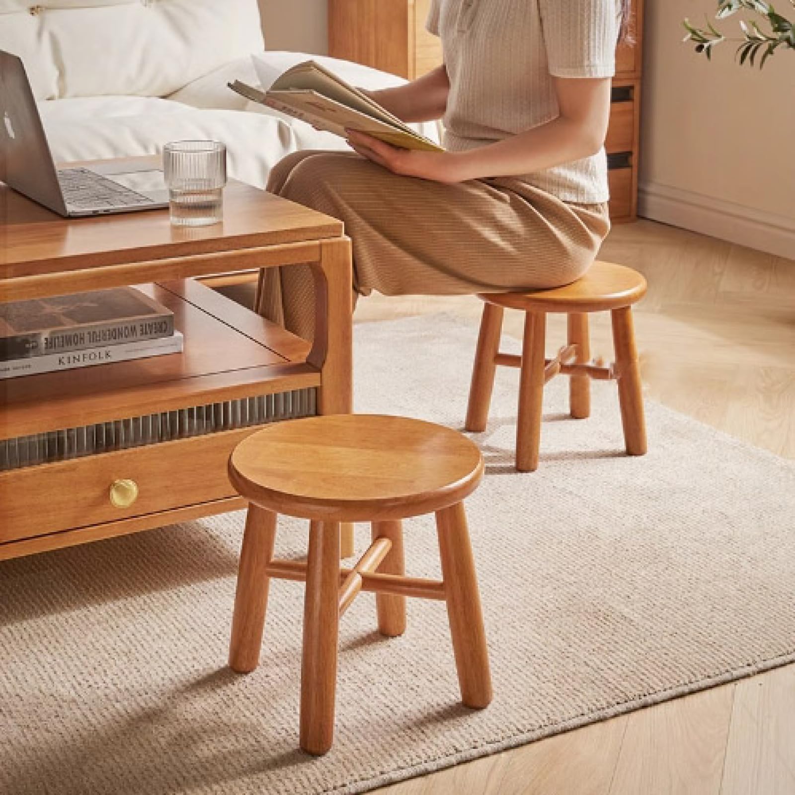 ACICS Round Step Stool Milking Stool Handcrafted Rubber Wood Stool Wooden Stool Small Short Stool, Shoe Changing Stool Shower Stool Suitable for Living Room Sofa Footstool(27 * 27 * 27CM, A)