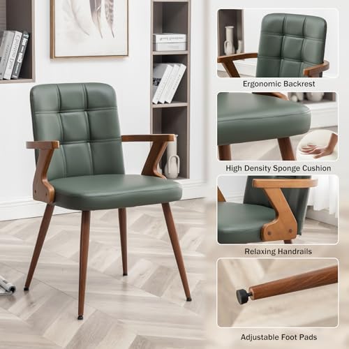 MEKLIBA Dining Chairs Set of 2，Dinner Chairs with Arms and Back，Comfortable Upholstered Dining Chairs,Modern Leather Kitchen Chair for Kitchen and Dining Room (Green)