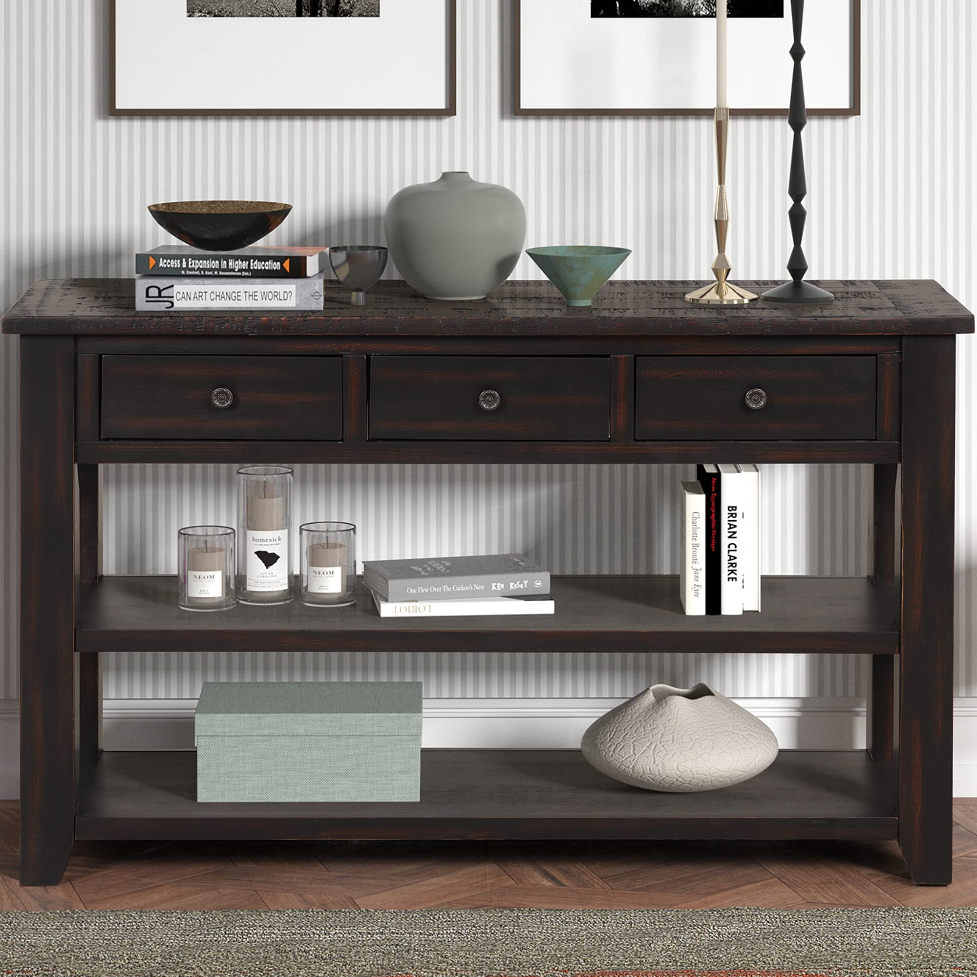Classic Vintage Console Table Entryway Table Sofa Side Table Foyer Table with 3 Storage Drawers and 2 Storage Shelves for Living Room Hallway Entryway, Easy to Assemble (Black)