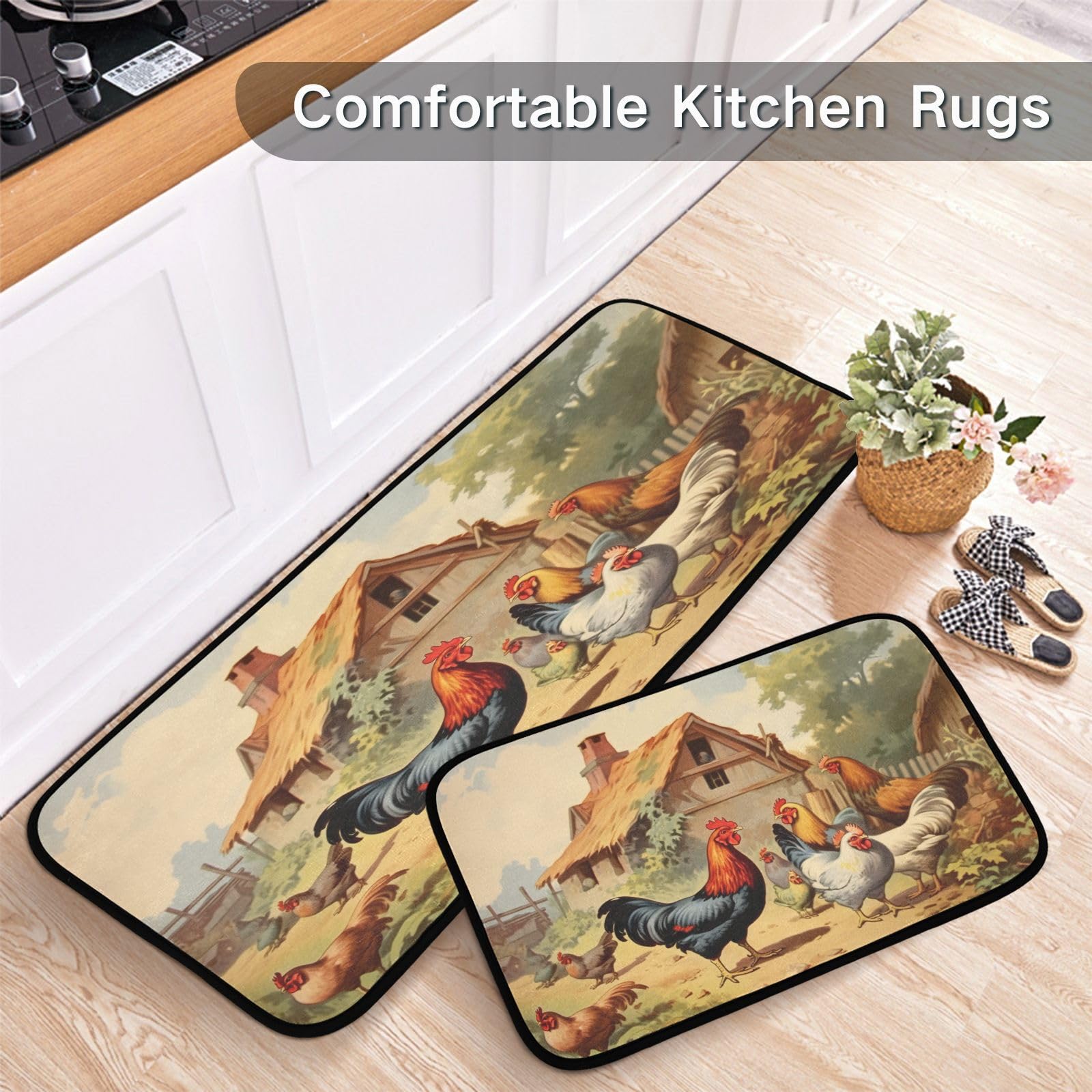 Kigai Farmhouse Chicken Coop Kitchen Rugs Waterproof Non Slip Kitchen Carpet Kitchen Floor Set for Sinks Offices Kitchens Cafes-2PCS