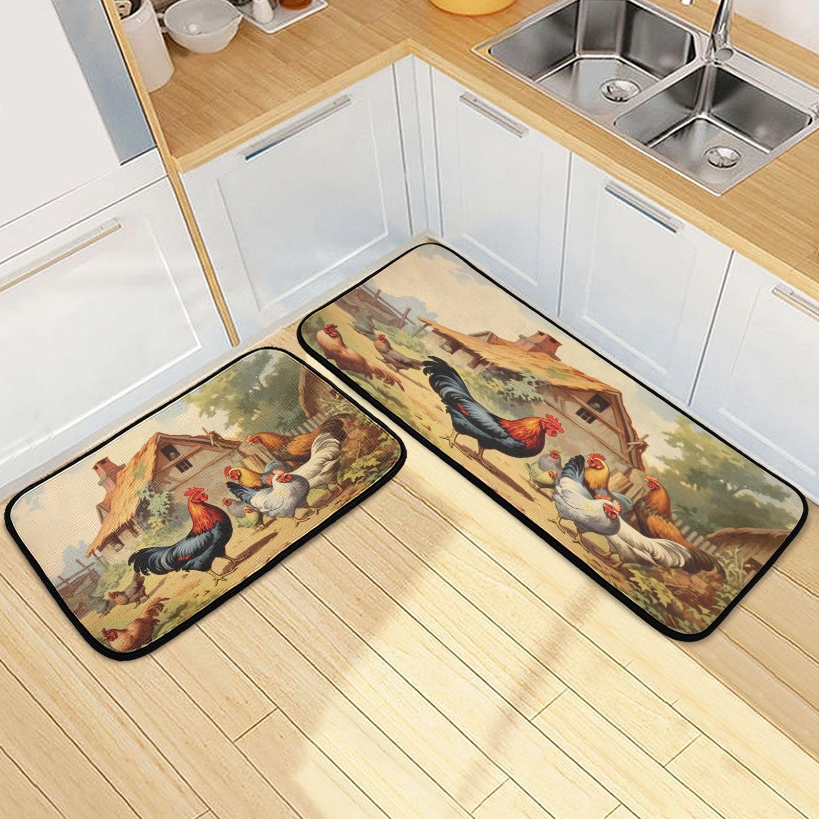 Kigai Farmhouse Chicken Coop Kitchen Rugs Waterproof Non Slip Kitchen Carpet Kitchen Floor Set for Sinks Offices Kitchens Cafes-2PCS