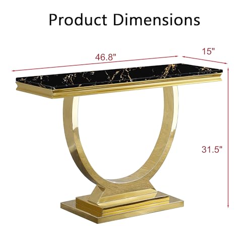 47 Inch Marble Console Table w/Gold U-Shaped Stainless Steel Base Mid-Century Modern Entryway Table for Living Room Hallway Luxury Foyer Table Sofa Table witn High Glossy Finish (Black&Gold)