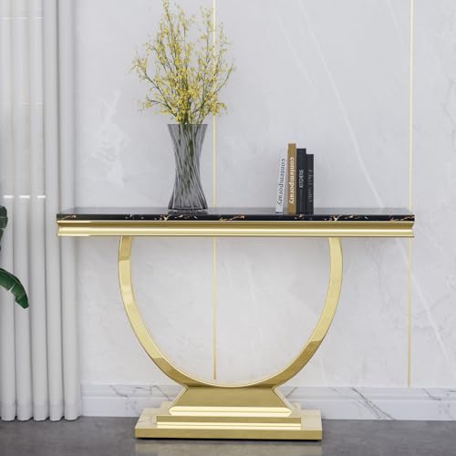 47 Inch Marble Console Table w/Gold U-Shaped Stainless Steel Base Mid-Century Modern Entryway Table for Living Room Hallway Luxury Foyer Table Sofa Table witn High Glossy Finish (Black&Gold)