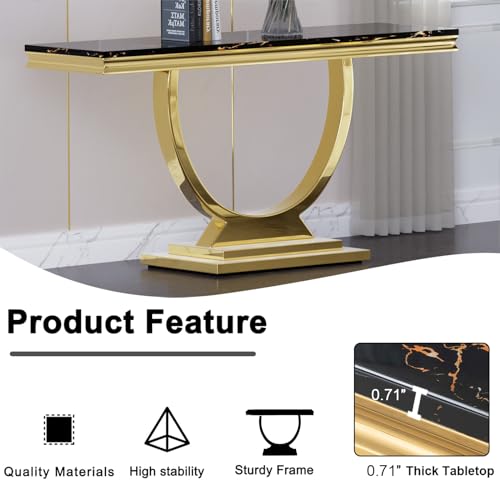 47 Inch Marble Console Table w/Gold U-Shaped Stainless Steel Base Mid-Century Modern Entryway Table for Living Room Hallway Luxury Foyer Table Sofa Table witn High Glossy Finish (Black&Gold)