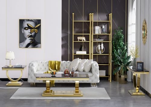 47 Inch Marble Console Table w/Gold U-Shaped Stainless Steel Base Mid-Century Modern Entryway Table for Living Room Hallway Luxury Foyer Table Sofa Table witn High Glossy Finish (Black&Gold)