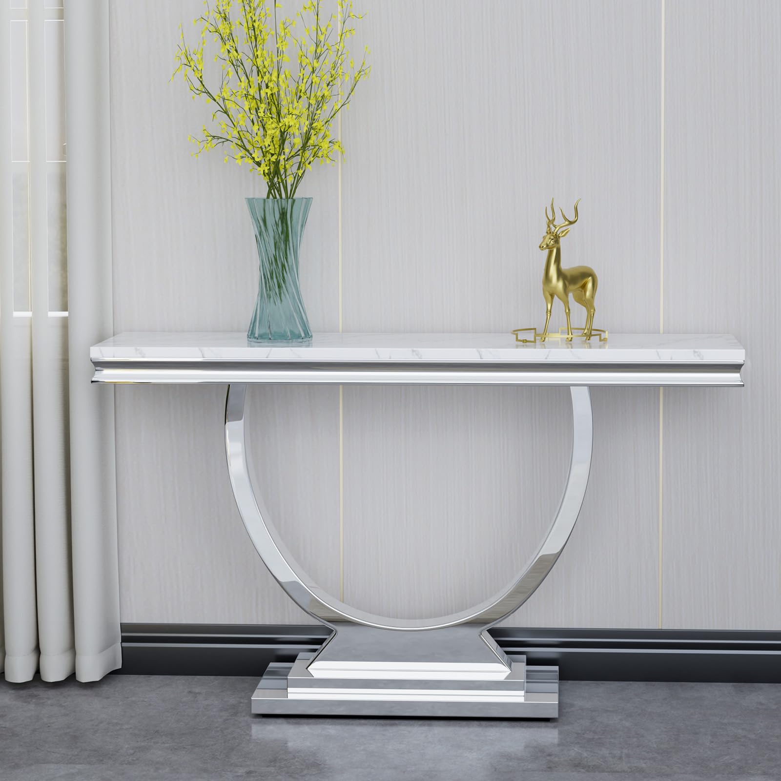 Modern Marble Console Table, Rectangular White and Silver Marble Sofa Table with U-Shape Stainless Steel Base with Silver Mirrored Finish for Living Room, Simple Assembly (Silver2)