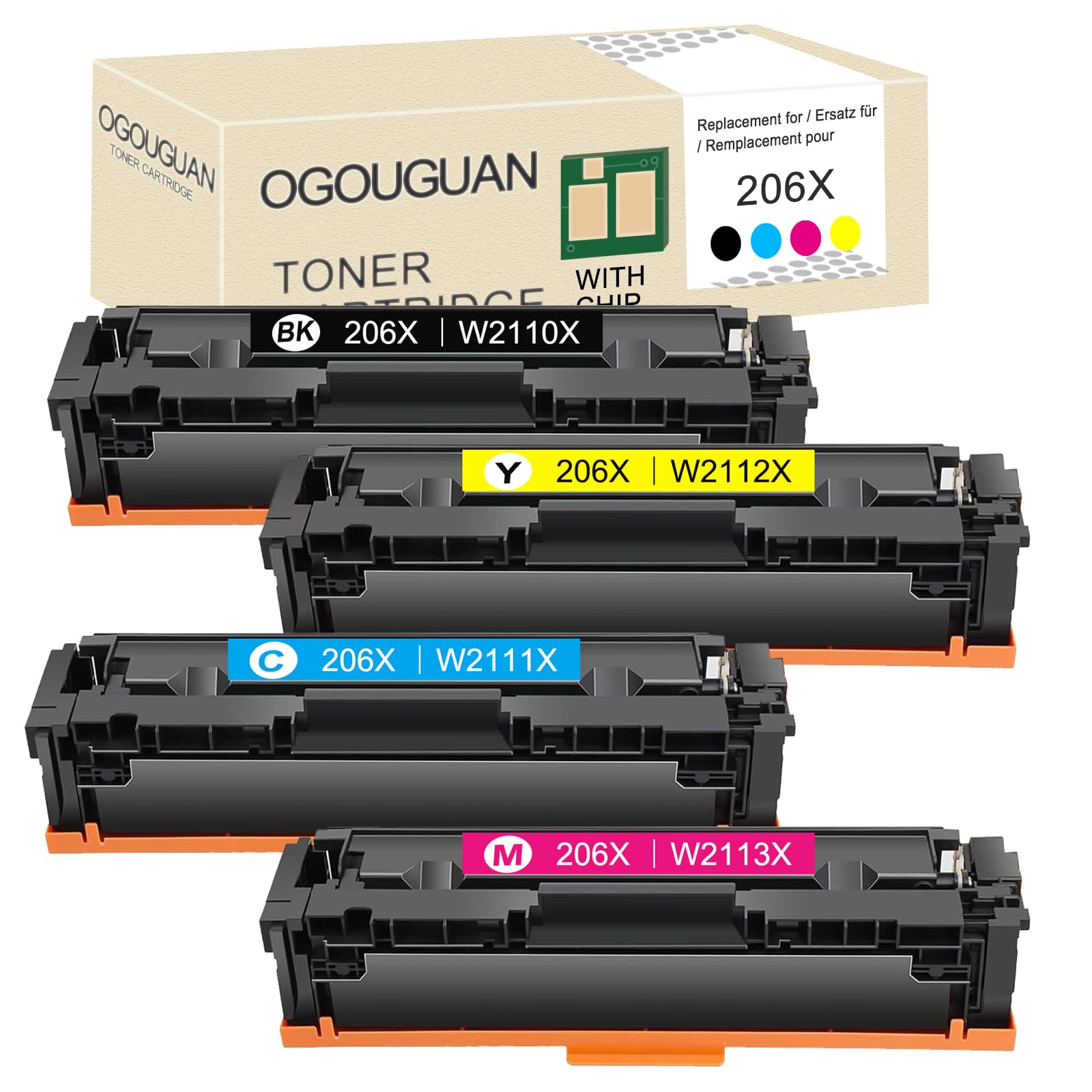 OGOUGUAN 206X Toner Cartridges Compatible for HP 206X 206A W2110X W2110A Work for HP Color MFP M283fdw M283cdw M283 Pro M255dw M255 Series Printer,4 Pack High Yield (with Chip)