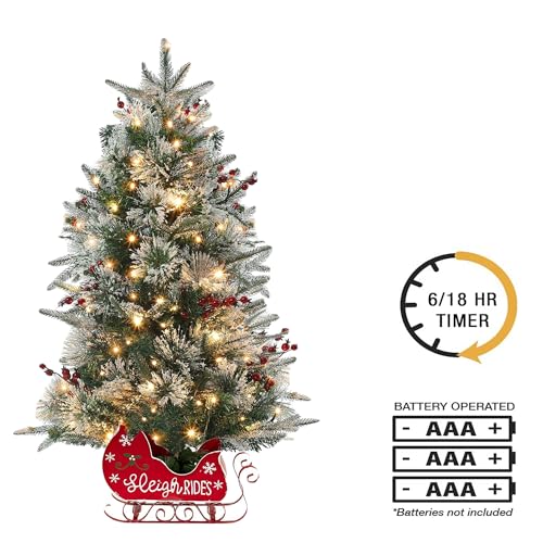 IDEALHOUSE 36 Inch 3FT Pre-lit Small Christmas Tree, Mini Flocked Christmas Tree with 78 LED Lights Cloth Bag Base, Pine Cones, Red Berries, Xmas Decorations for Tabletop, Home Decor Indoor