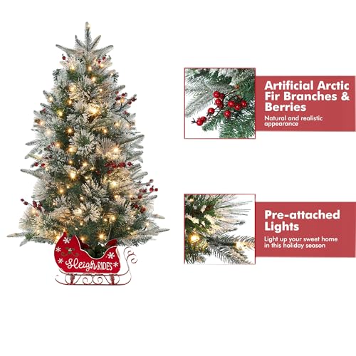 IDEALHOUSE 36 Inch 3FT Pre-lit Small Christmas Tree, Mini Flocked Christmas Tree with 78 LED Lights Cloth Bag Base, Pine Cones, Red Berries, Xmas Decorations for Tabletop, Home Decor Indoor