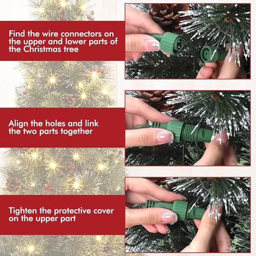 IDEALHOUSE 36 Inch 3FT Pre-lit Small Christmas Tree, Mini Flocked Christmas Tree with 78 LED Lights Cloth Bag Base, Pine Cones, Red Berries, Xmas Decorations for Tabletop, Home Decor Indoor