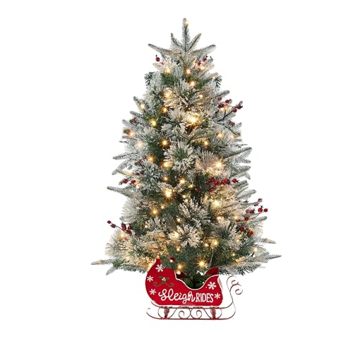 IDEALHOUSE 36 Inch 3FT Pre-lit Small Christmas Tree, Mini Flocked Christmas Tree with 78 LED Lights Cloth Bag Base, Pine Cones, Red Berries, Xmas Decorations for Tabletop, Home Decor Indoor