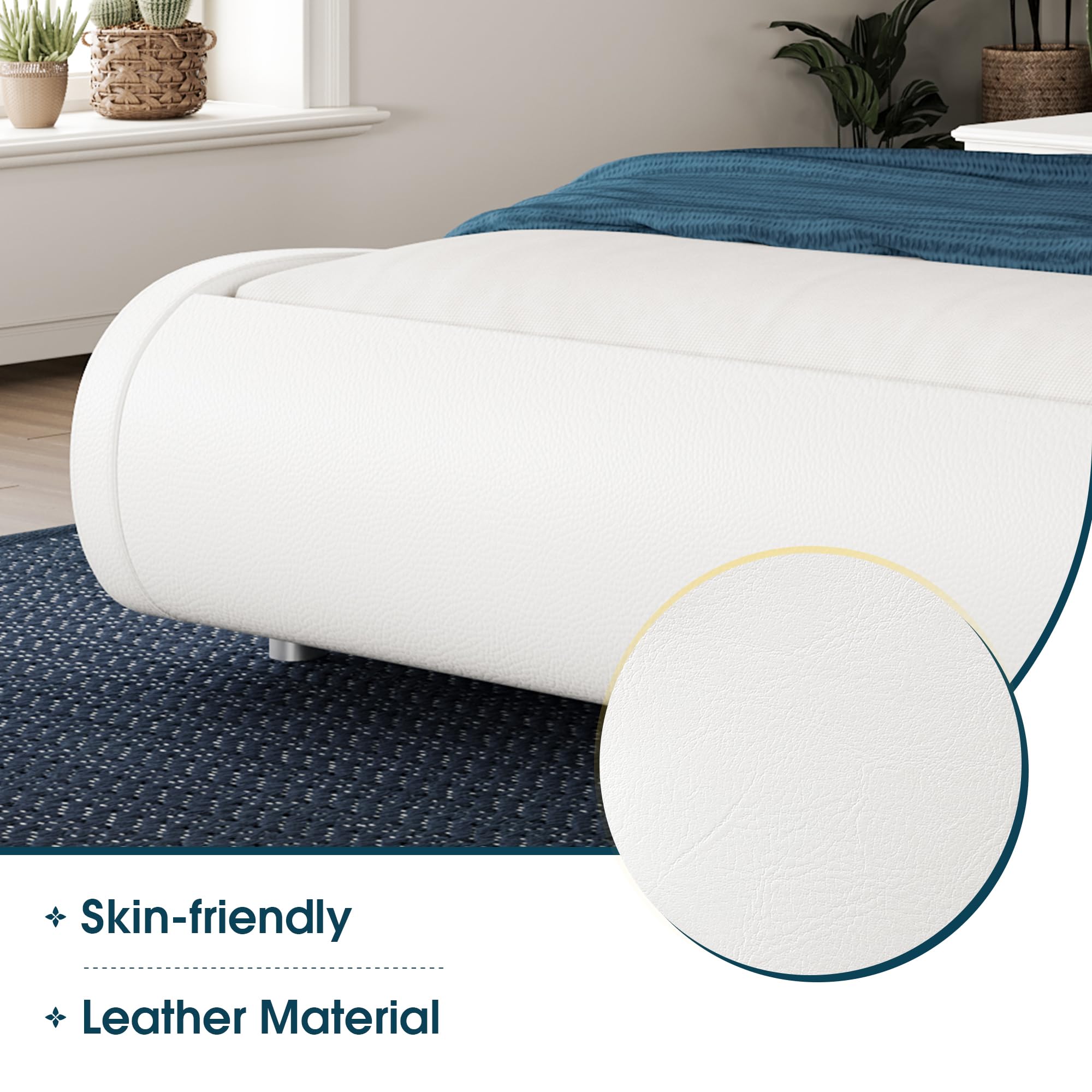WEEWAY Modern Queen Size Upholstered Platform Bed Frame, Faux Leather Sleigh Bed with Adjustable Headboard, Strong Wood Slats Support, No Box Spring Needed, White