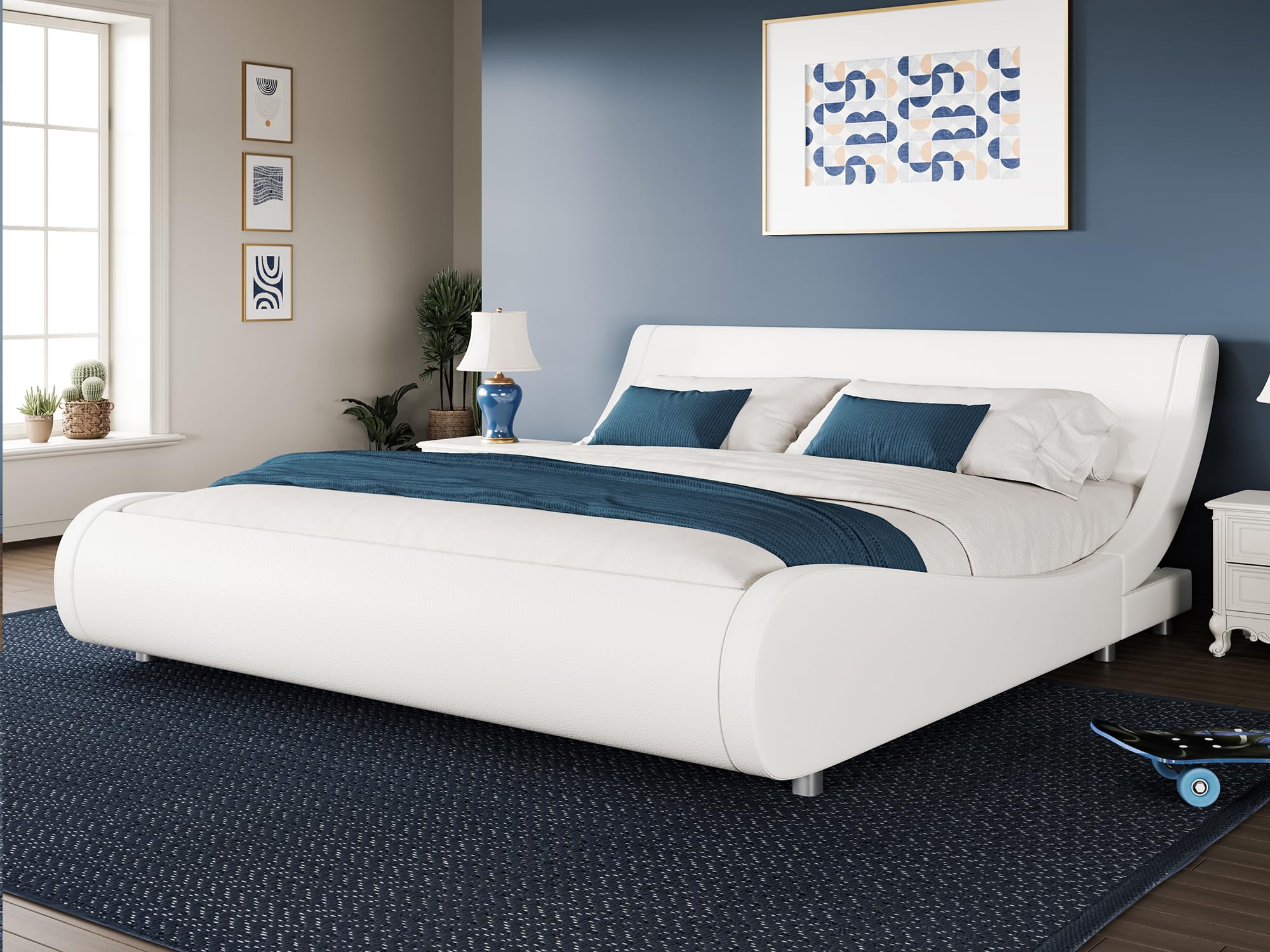 WEEWAY Modern Queen Size Upholstered Platform Bed Frame, Faux Leather Sleigh Bed with Adjustable Headboard, Strong Wood Slats Support, No Box Spring Needed, White