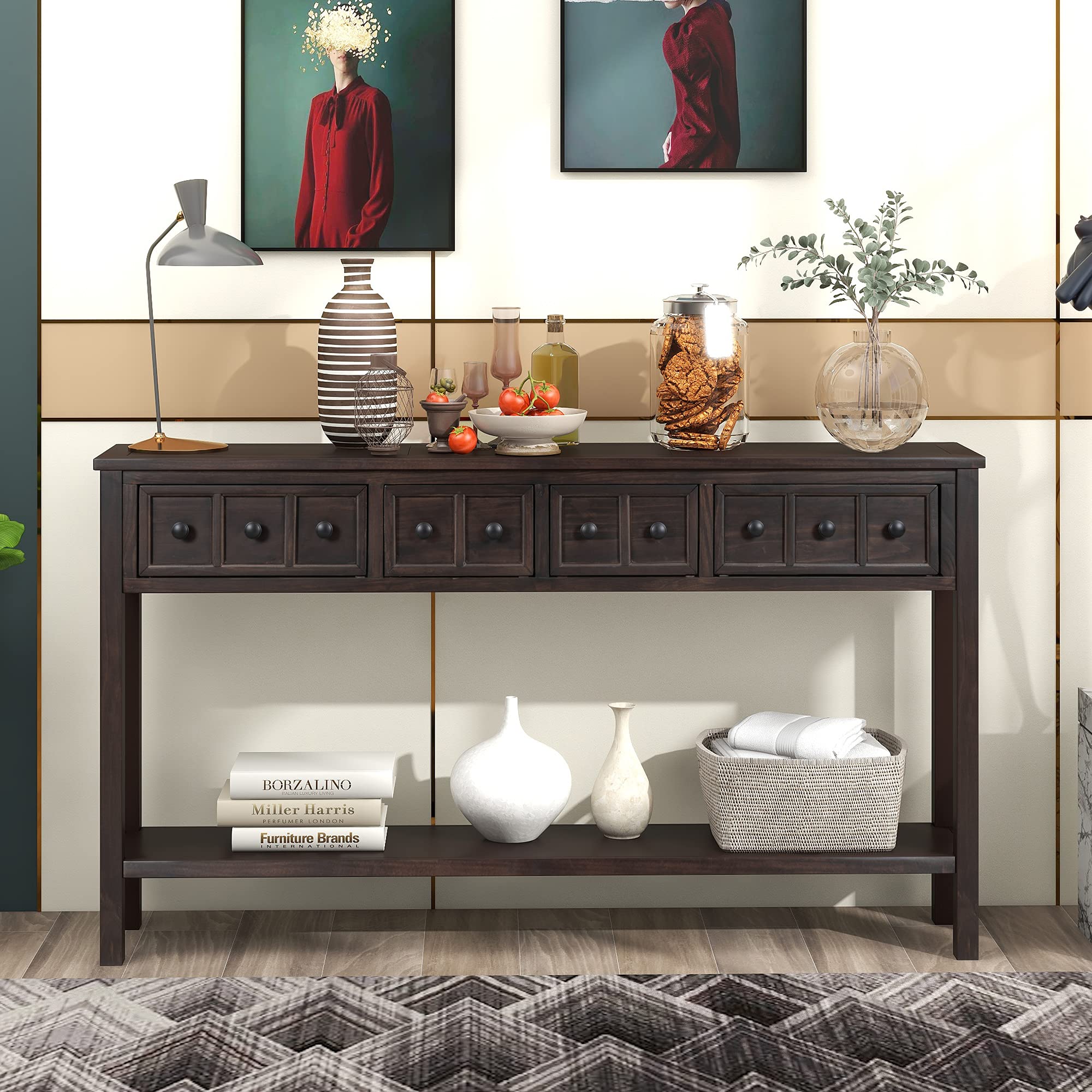 Zenvya Console Table Rustic Entryway Table 60" Long Sofa Table with 4 Drawers in Two Different Size and Bottom Shelf for Storage, or Entryway Living Room (Espresso)