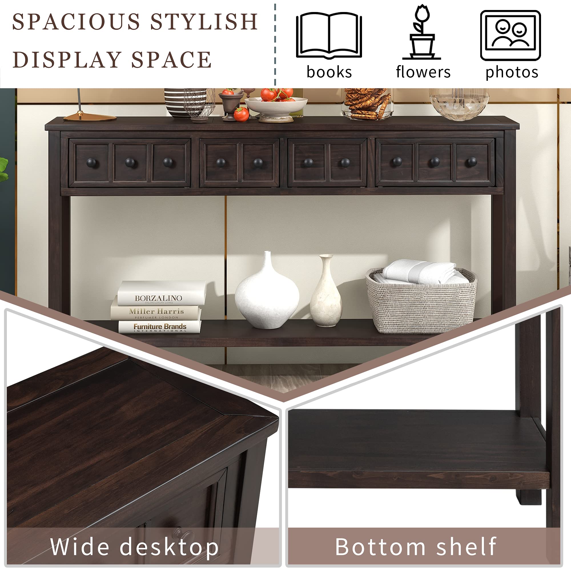 Zenvya Console Table Rustic Entryway Table 60" Long Sofa Table with 4 Drawers in Two Different Size and Bottom Shelf for Storage, or Entryway Living Room (Espresso)