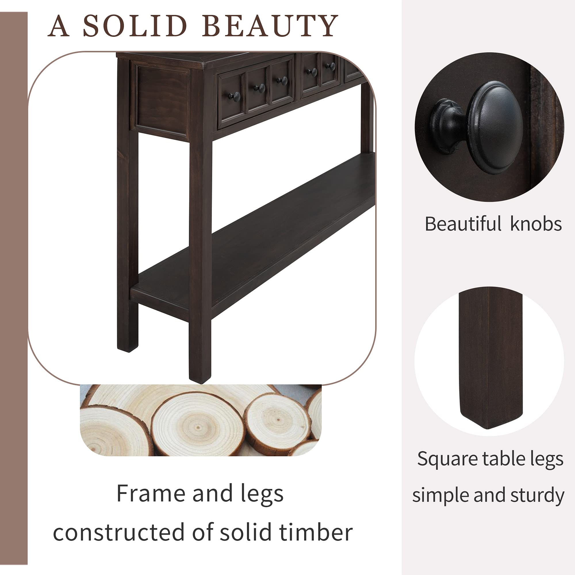 Zenvya Console Table Rustic Entryway Table 60" Long Sofa Table with 4 Drawers in Two Different Size and Bottom Shelf for Storage, or Entryway Living Room (Espresso)