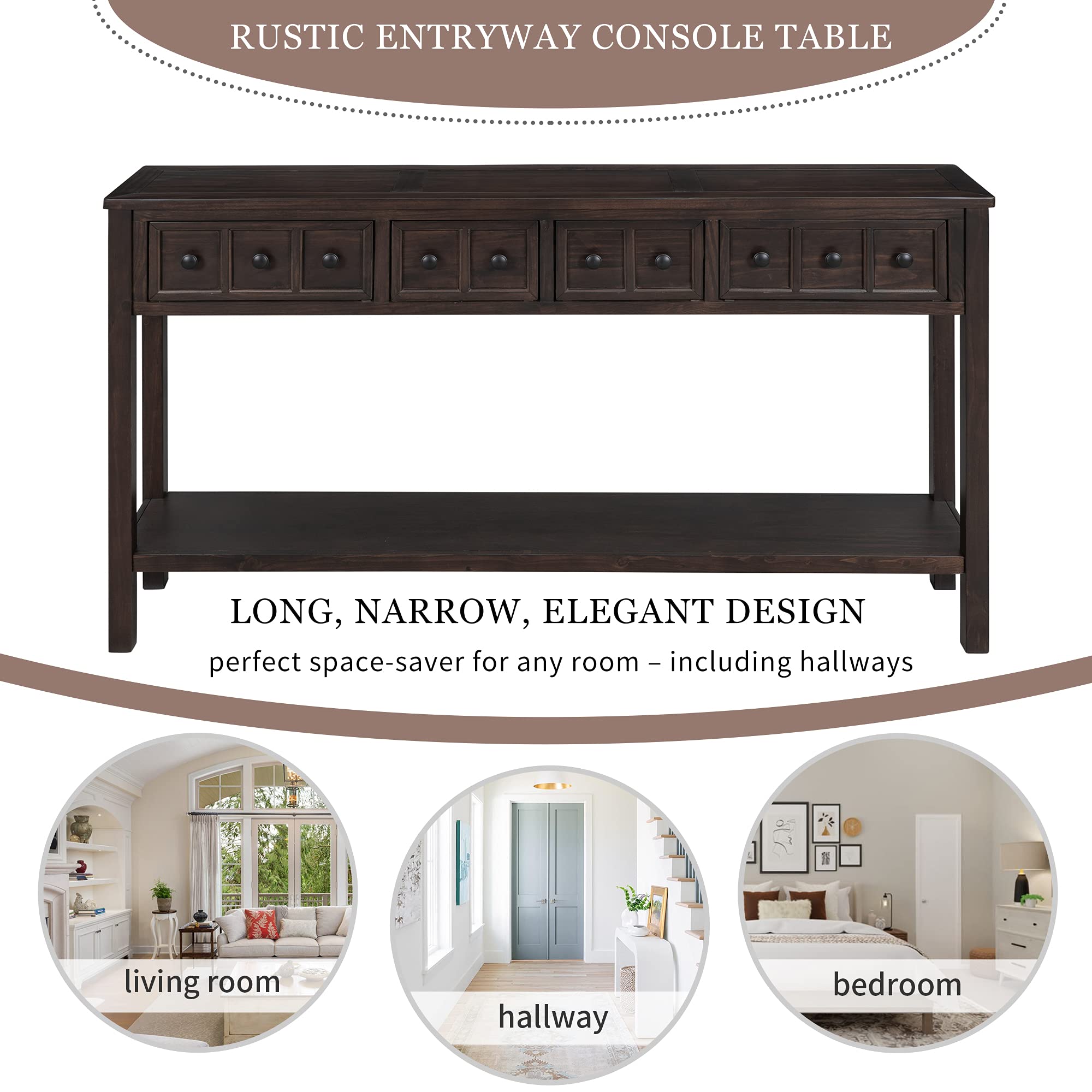 Zenvya Console Table Rustic Entryway Table 60" Long Sofa Table with 4 Drawers in Two Different Size and Bottom Shelf for Storage, or Entryway Living Room (Espresso)
