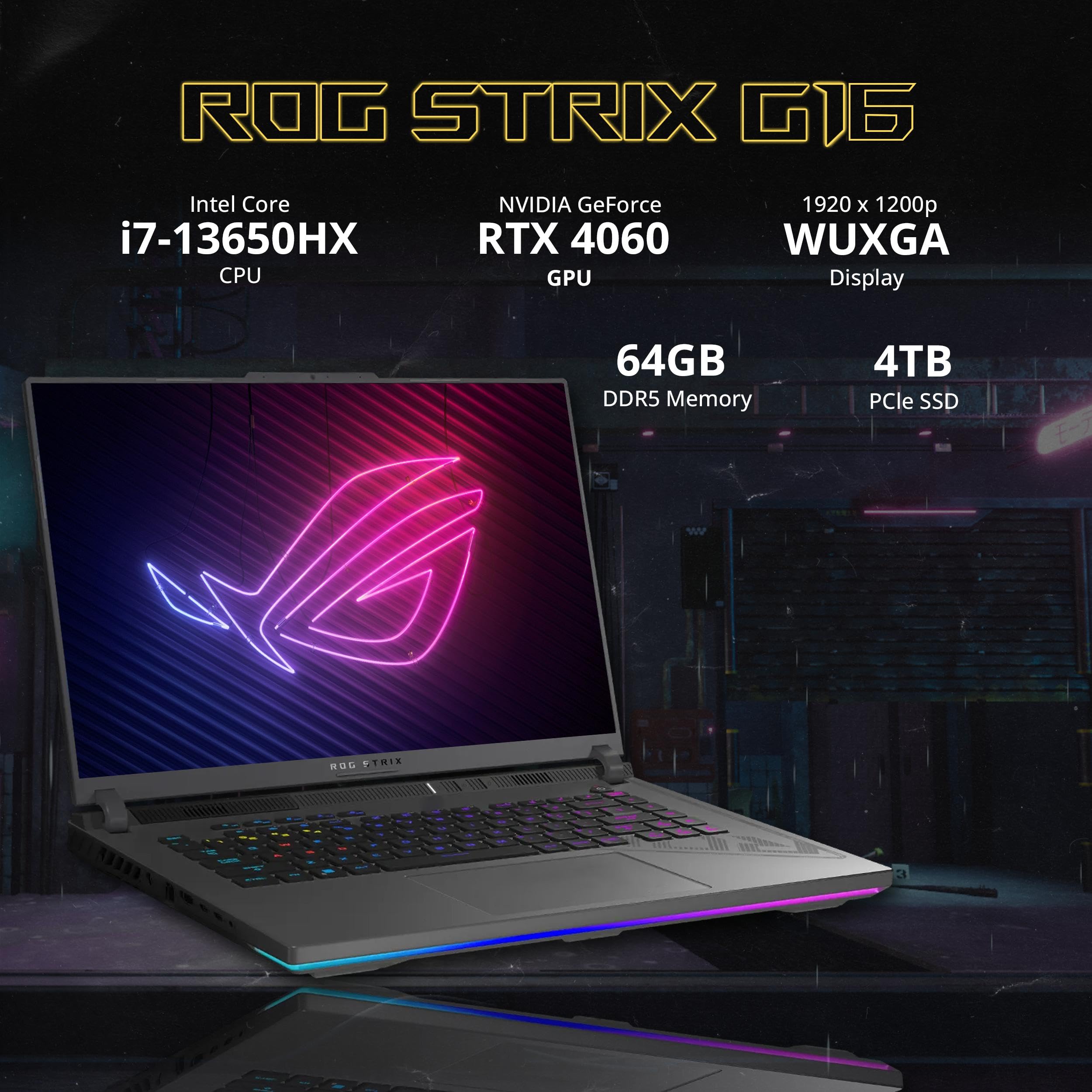 asus ROG Strix G16 16'' WUXGA 165Hz Gaming Laptop, Intel Core i7-13650HX, NVIDIA GeForce RTX 4060, 64GB DDR5 RAM, 4TB SSD, RGB 4zone Backlit Keyboard, Win 11Pro, Gray, 32GB Hotface USB Card