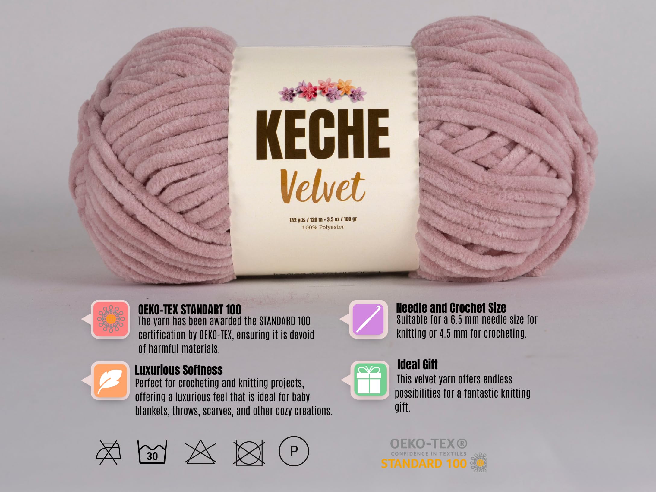 Keche Velvet Yarn for Crocheting, Soft Chenille Bulky Baby Blanket Amigurumi Yarn 2x100 gr (2x132 yds) (2 Skeins) (Powder)