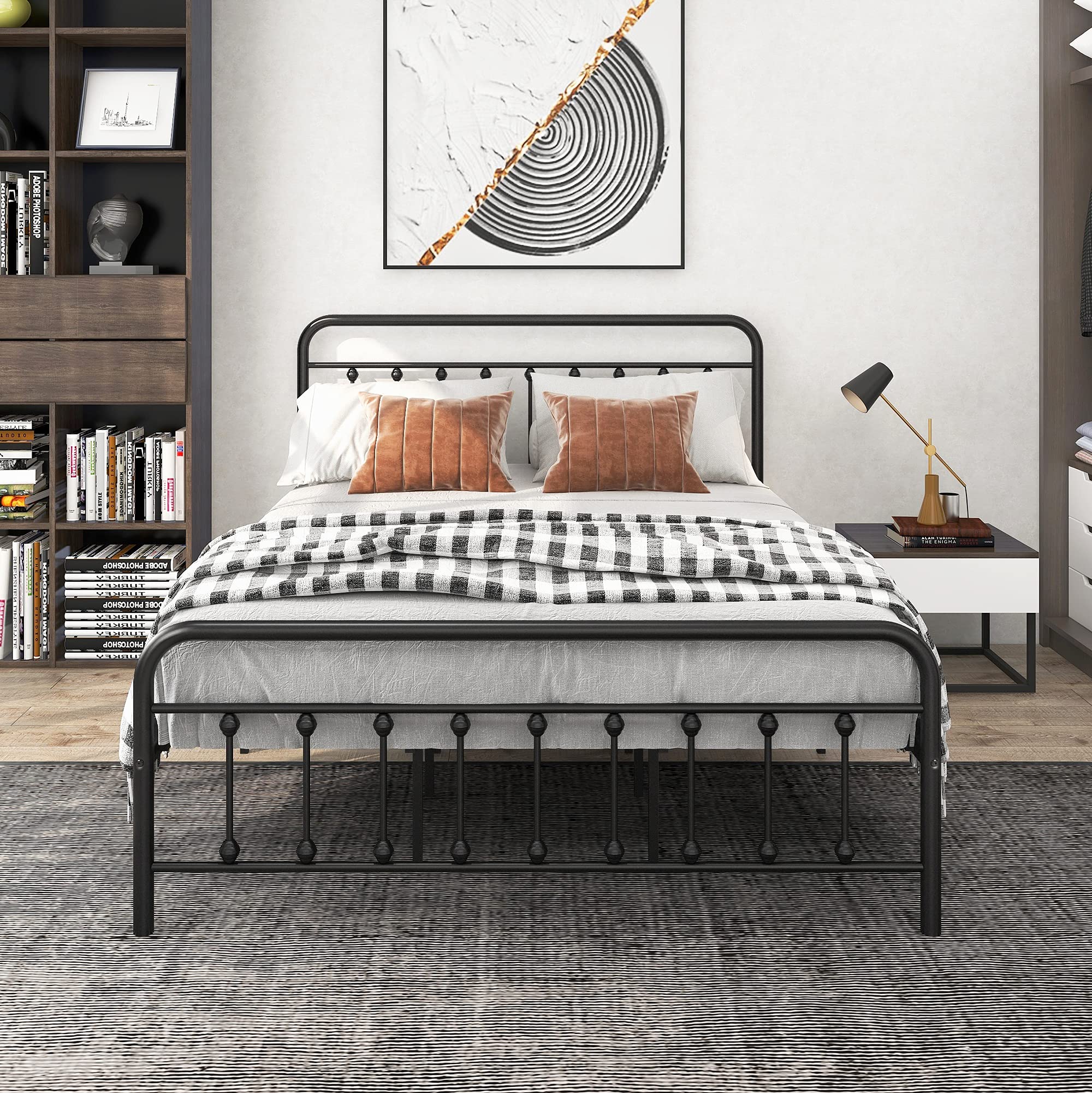 LAVHOME Queen Size Classic Metal Platform Bed Frame Mattress Foundation with Victorian Style Iron-Art Headboard/Footboard/Under Bed Storage/No Box Spring Needed/Black
