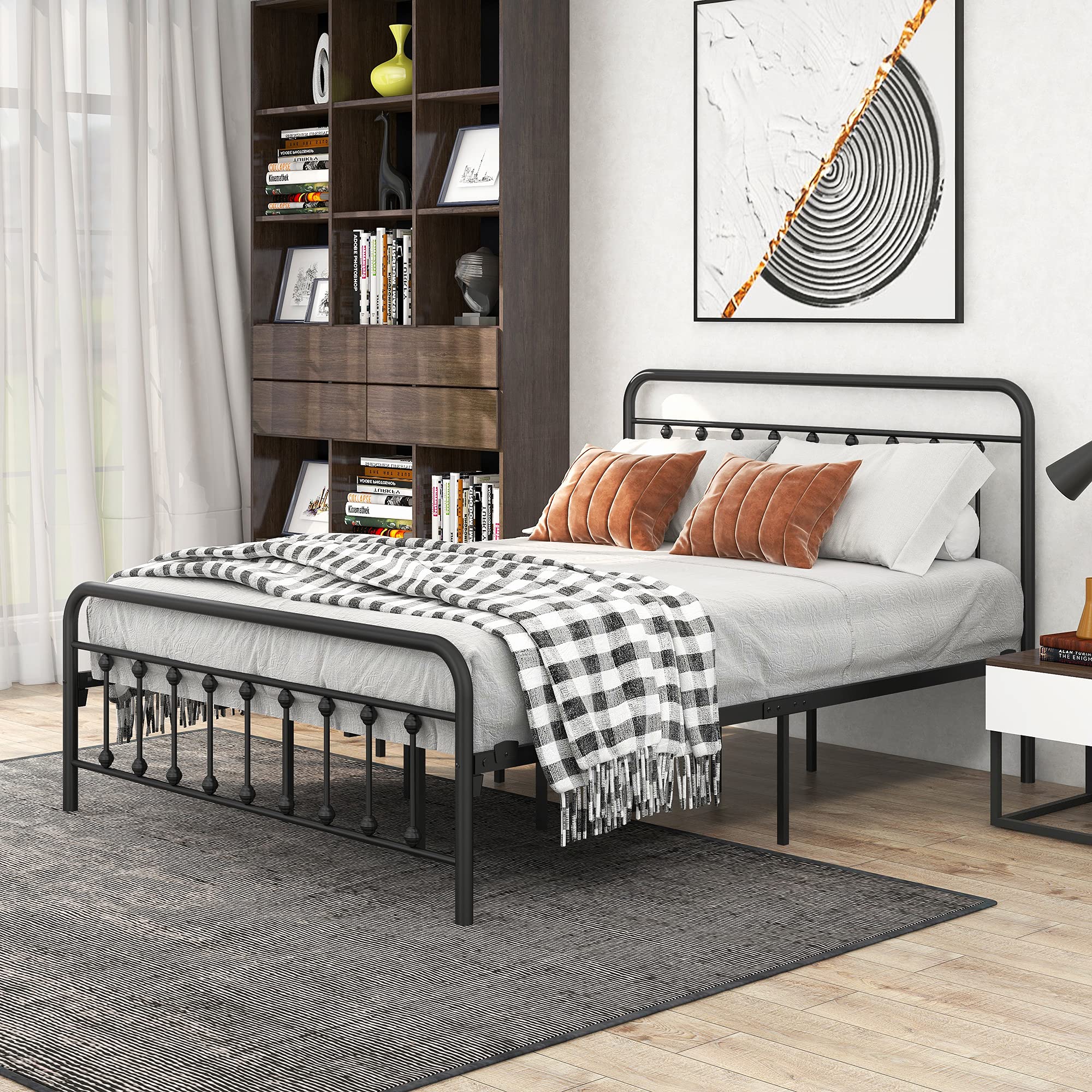 LAVHOME Queen Size Classic Metal Platform Bed Frame Mattress Foundation with Victorian Style Iron-Art Headboard/Footboard/Under Bed Storage/No Box Spring Needed/Black
