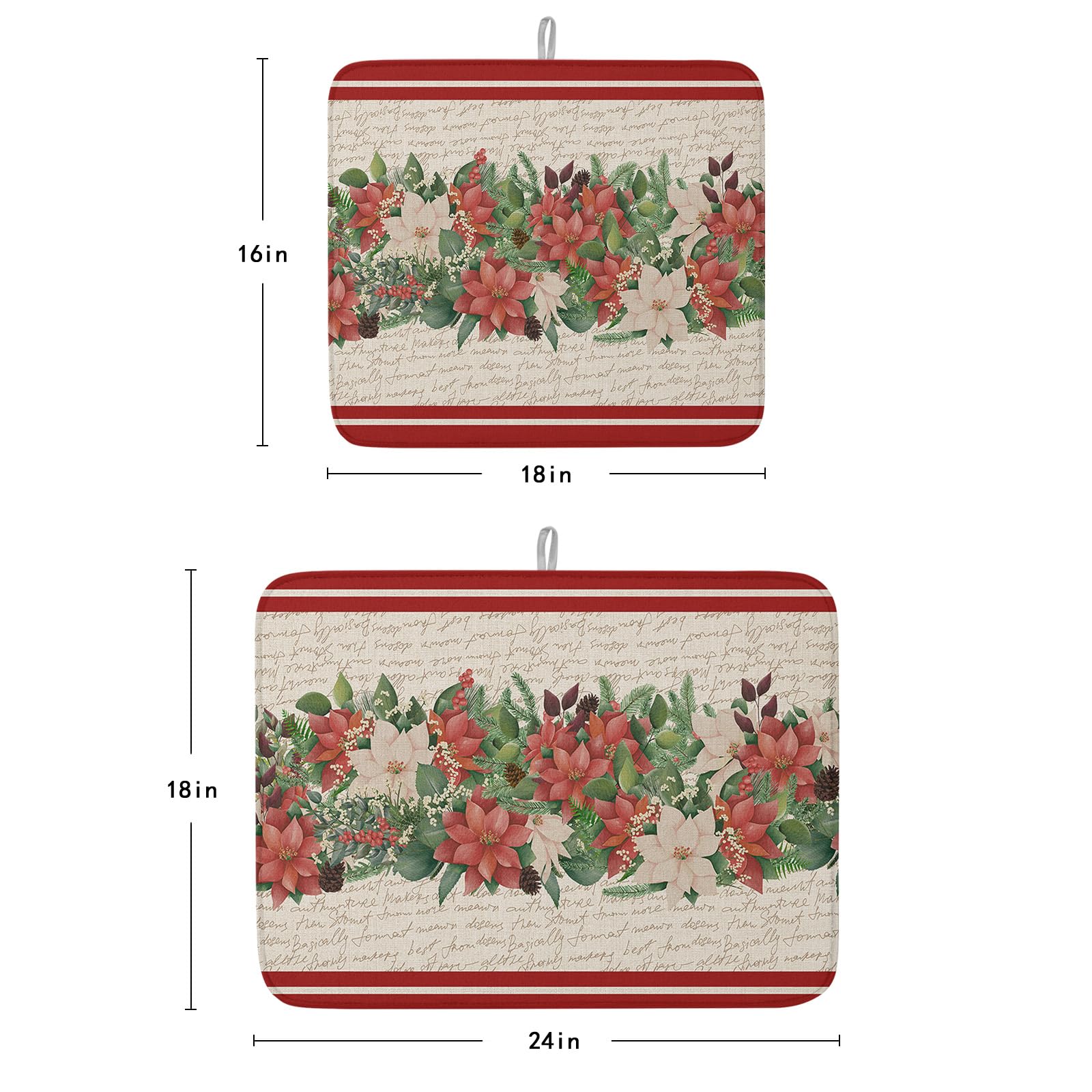 Christmas Poinsettia Dish Drying Mat for Kitchen Counter, Microfiber Rack Pads, Red Pink Xmas Botanical Vintage Absorbent Dish Bottle Drying Mat, 18''x24'', 2 Pack