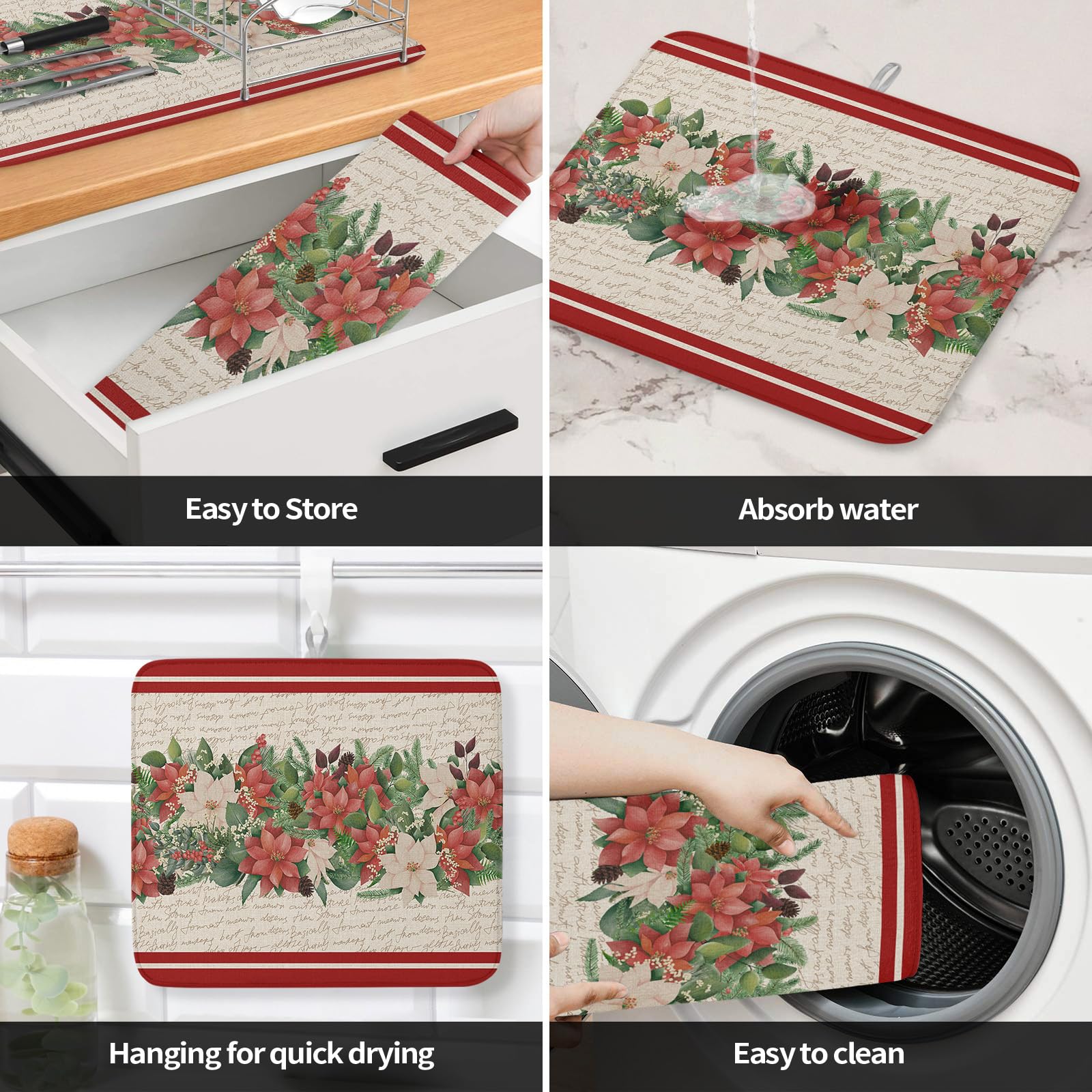 Christmas Poinsettia Dish Drying Mat for Kitchen Counter, Microfiber Rack Pads, Red Pink Xmas Botanical Vintage Absorbent Dish Bottle Drying Mat, 18''x24'', 2 Pack