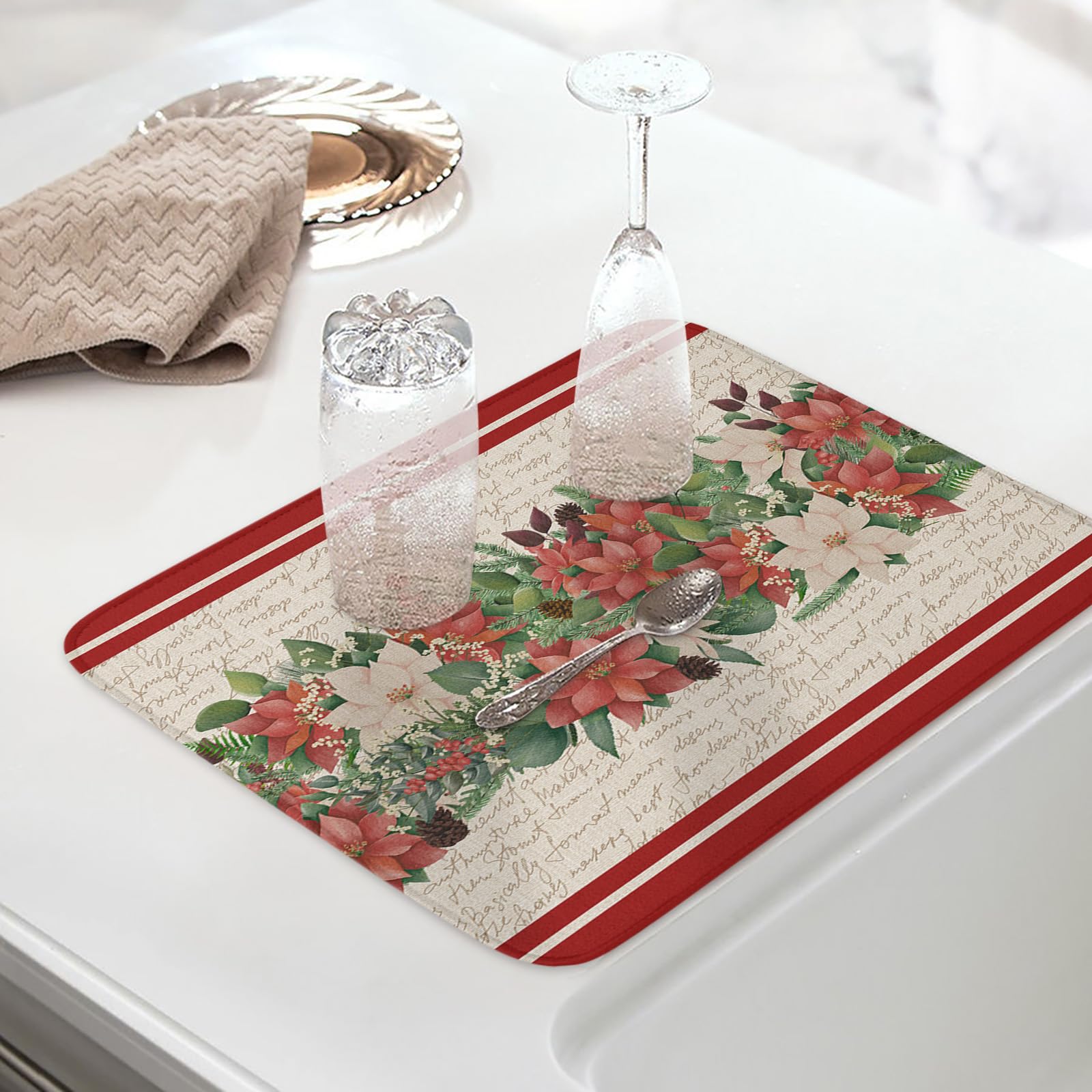 Christmas Poinsettia Dish Drying Mat for Kitchen Counter, Microfiber Rack Pads, Red Pink Xmas Botanical Vintage Absorbent Dish Bottle Drying Mat, 18''x24'', 2 Pack