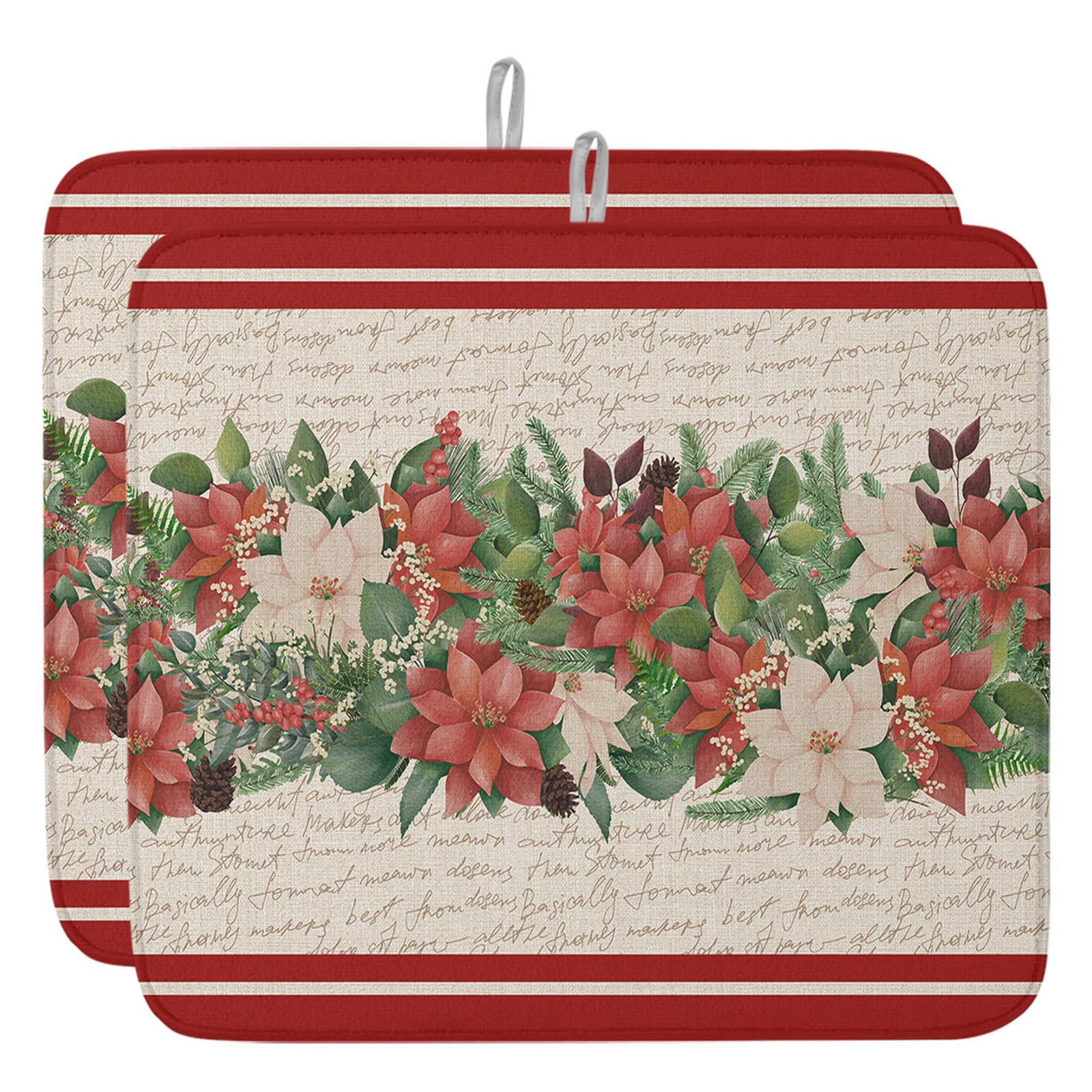 Christmas Poinsettia Dish Drying Mat for Kitchen Counter, Microfiber Rack Pads, Red Pink Xmas Botanical Vintage Absorbent Dish Bottle Drying Mat, 18''x24'', 2 Pack