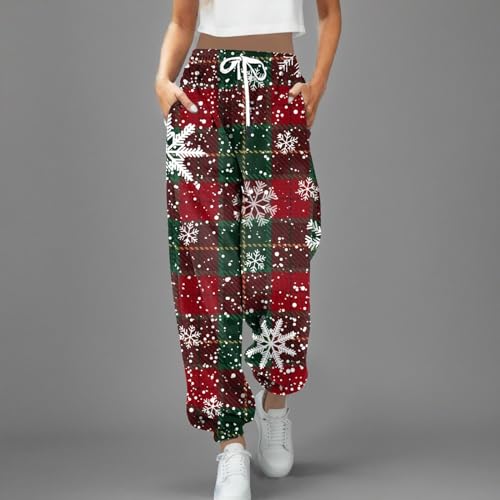 Sweatpants Womens,Snowflake Print High Waisted Sweatpants for Women Christmas Print Drawstring Workout Active Joggers Snowman Print Plus Size Baggy Sweatpants Red XL