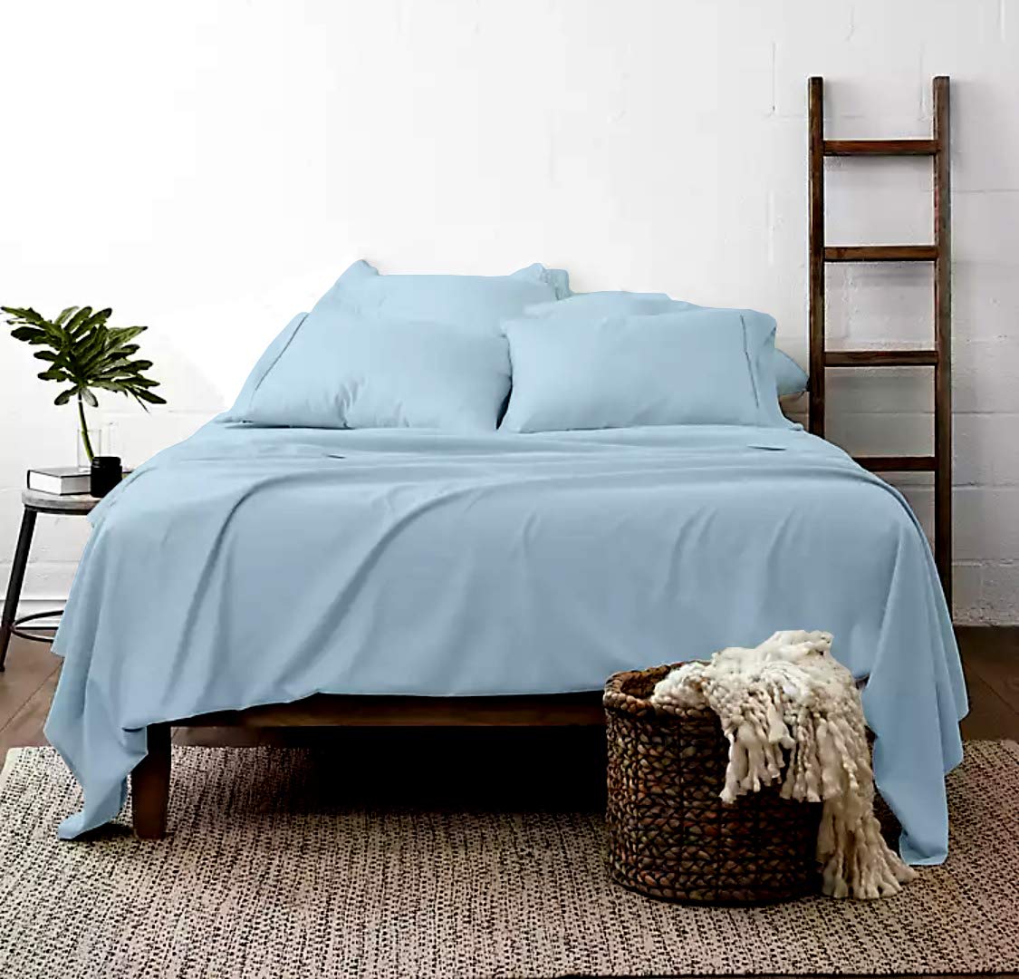 MGPS 100% Real Certified Organic Cotton Bedsheet Set, Full Size 6 Piece 1000 Thread Count Sheets Sets, [1 Fitted + 1 Flat + 4 Pillowcases], Fits Mattress Upto 12" Deep Pocket - Light Blue