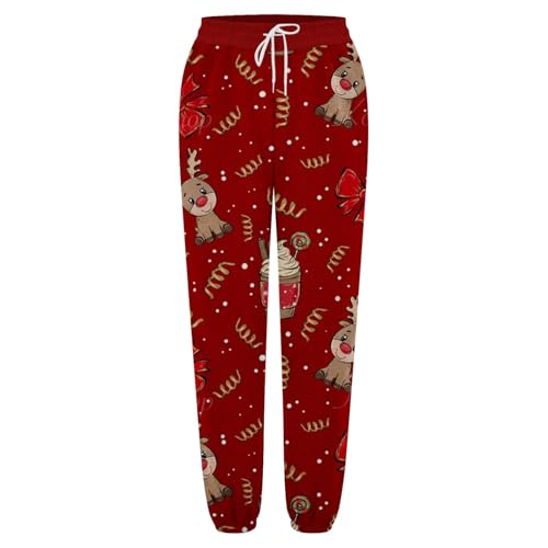 Straight Leg Sweatpants,Merry Christmas Print Womens Sweatpants with Pockets Reindeer Print Drawstring Workout Active Joggers Christmas Print Plus Size Trouser Pants Red XL