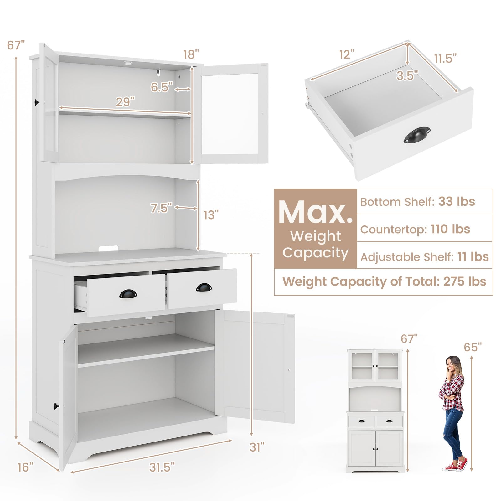 SILKYDRY 67” Kitchen Hutch Storage Cabinet, Tall Pantry Buffet Cabinet with Glass Doors, Adjustable Shelves, 2 Large Drawers, Dining Room Cupboard, Kitchen Hutch with Countertop