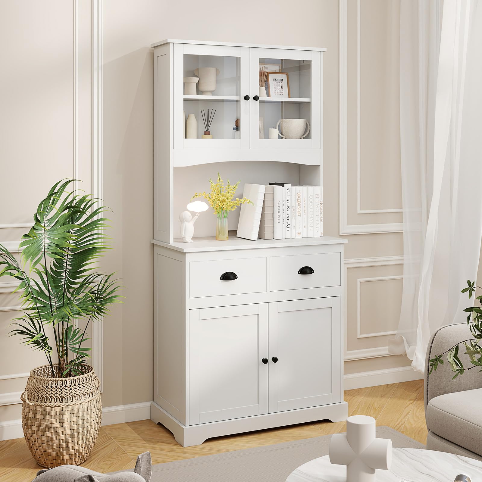 SILKYDRY 67” Kitchen Hutch Storage Cabinet, Tall Pantry Buffet Cabinet with Glass Doors, Adjustable Shelves, 2 Large Drawers, Dining Room Cupboard, Kitchen Hutch with Countertop