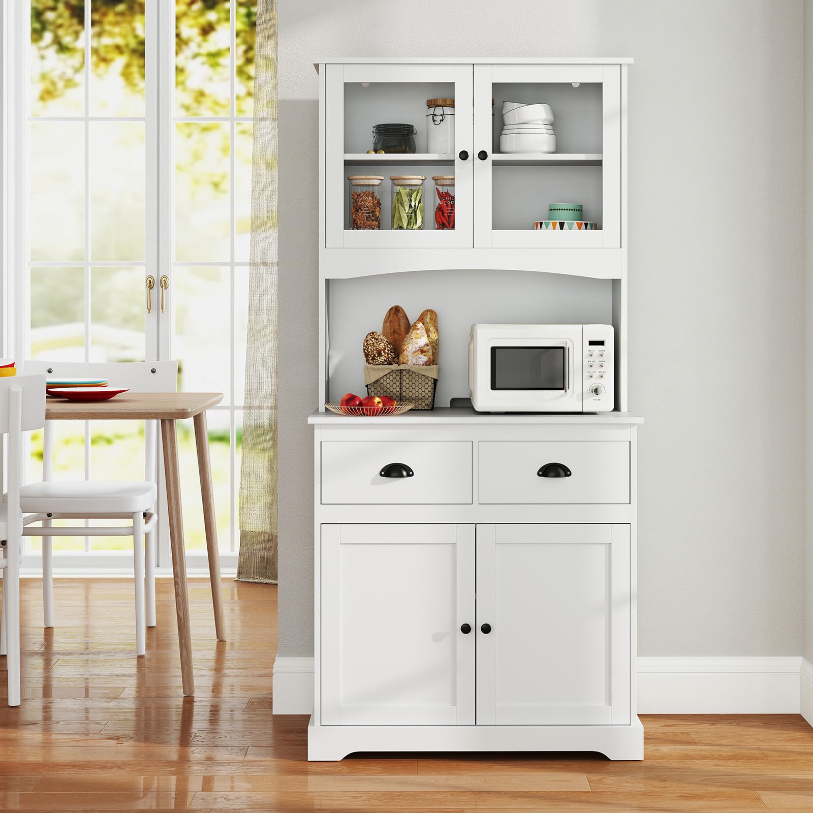 SILKYDRY 67” Kitchen Hutch Storage Cabinet, Tall Pantry Buffet Cabinet with Glass Doors, Adjustable Shelves, 2 Large Drawers, Dining Room Cupboard, Kitchen Hutch with Countertop