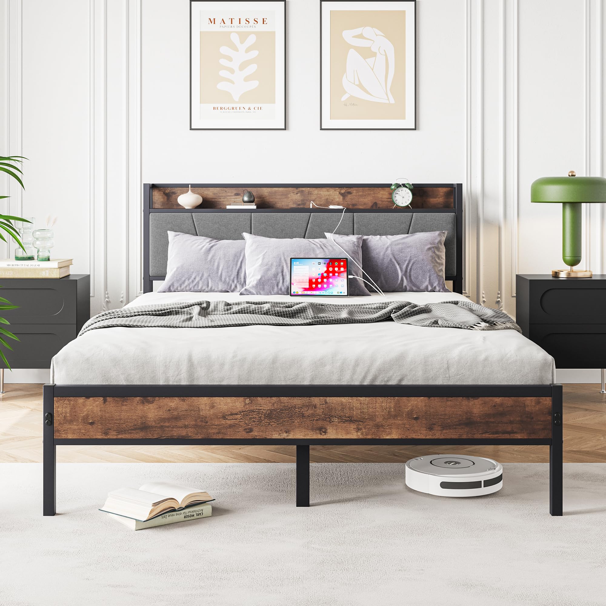 GJHOME Queen Size Bed Frame, Storage Headboard with Charging Station, Solid and Stable, Noise Free, No Box Spring Needed, Easy Assembly (Queen Size)