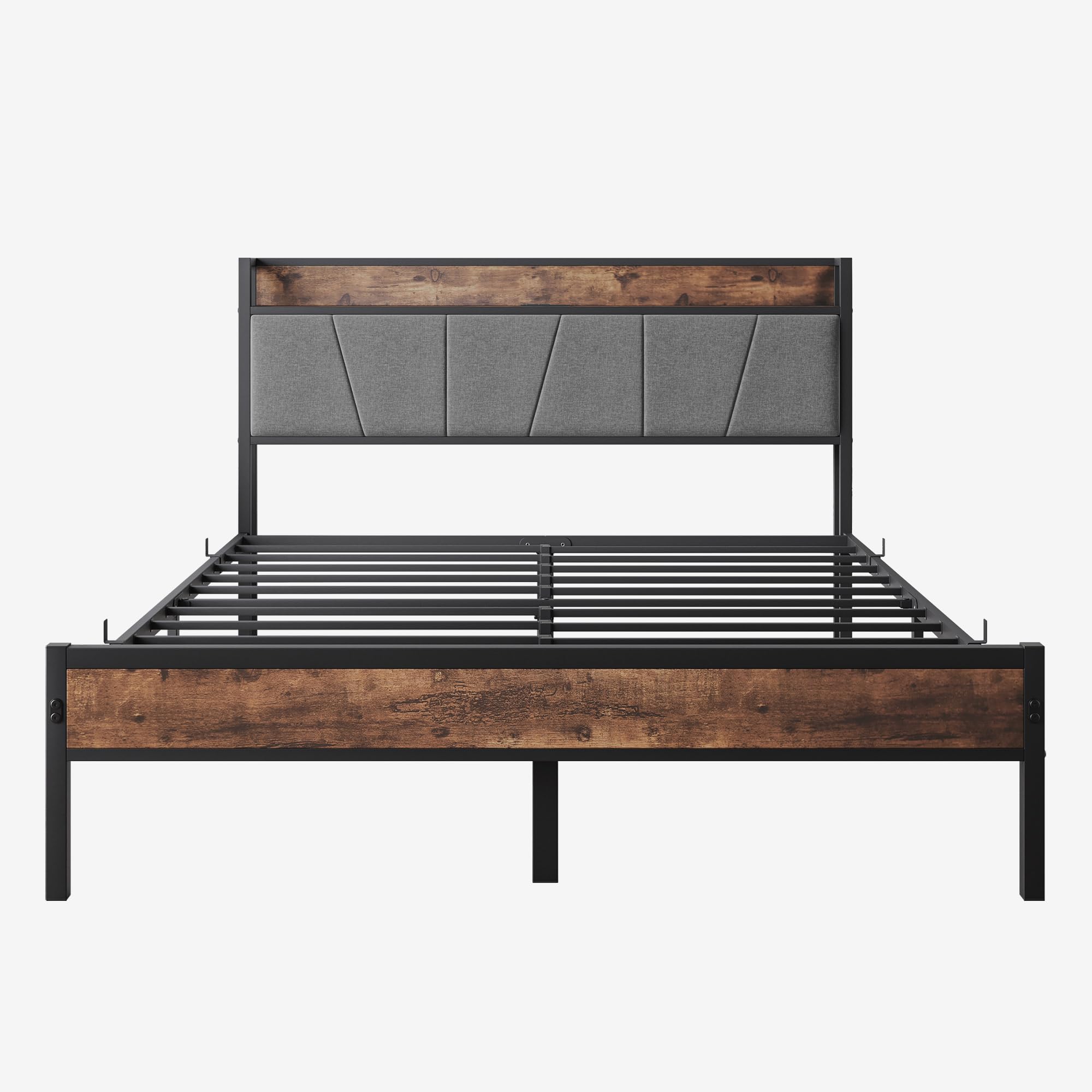 GJHOME Queen Size Bed Frame, Storage Headboard with Charging Station, Solid and Stable, Noise Free, No Box Spring Needed, Easy Assembly (Queen Size)