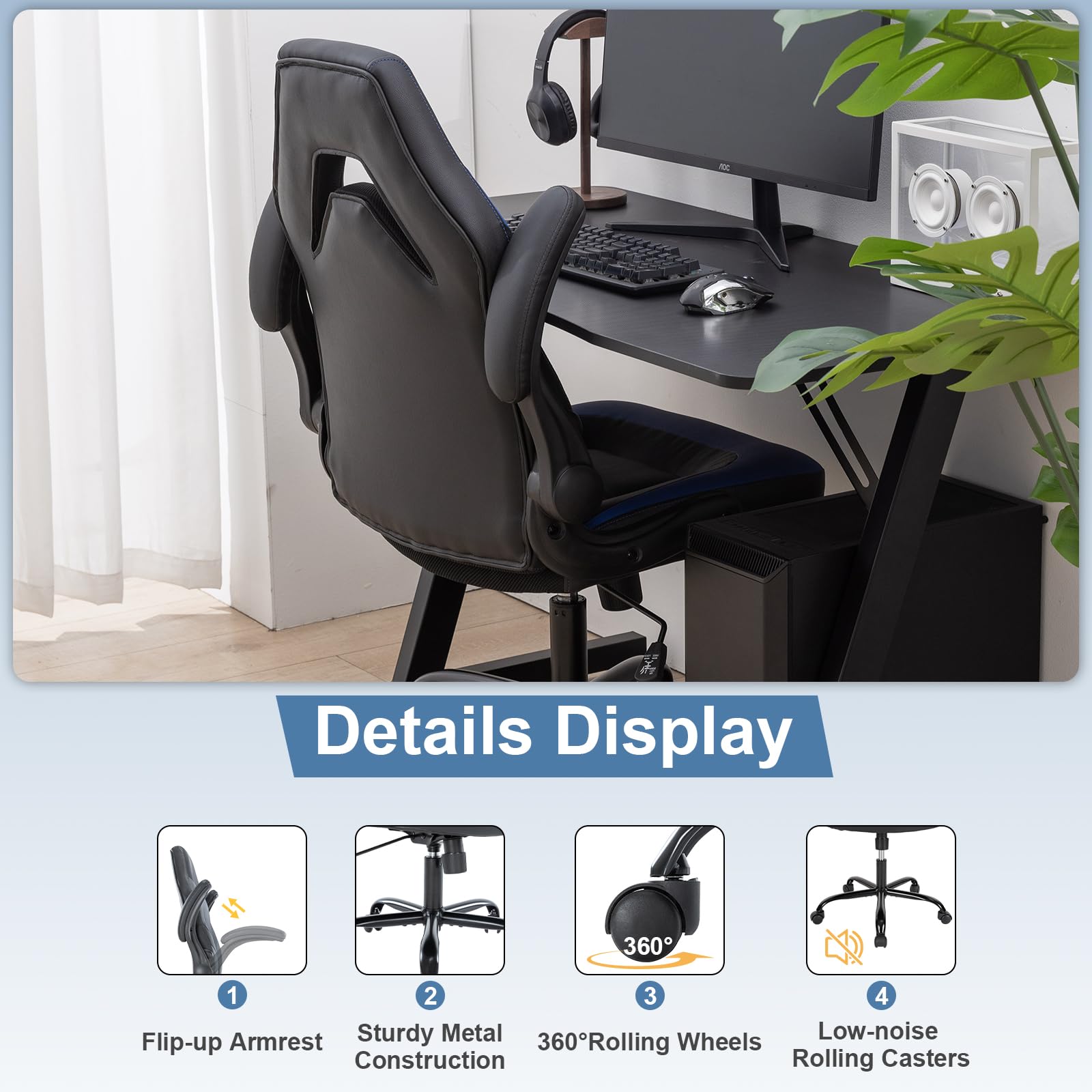 NEWBULIG Ergonomic Computer Gaming Chair with Adjustable High Backrest,Flip-up Armrests and Lumbar Support,PU Leather, Blue
