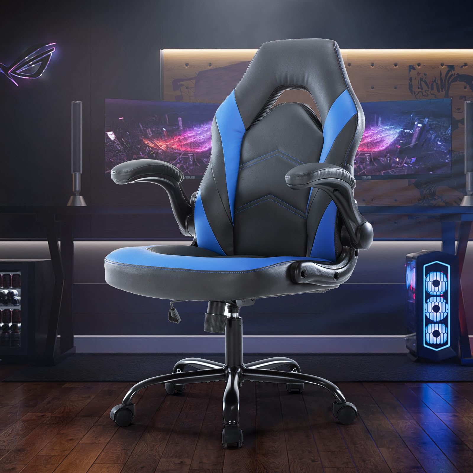 NEWBULIG Ergonomic Computer Gaming Chair with Adjustable High Backrest,Flip-up Armrests and Lumbar Support,PU Leather, Blue