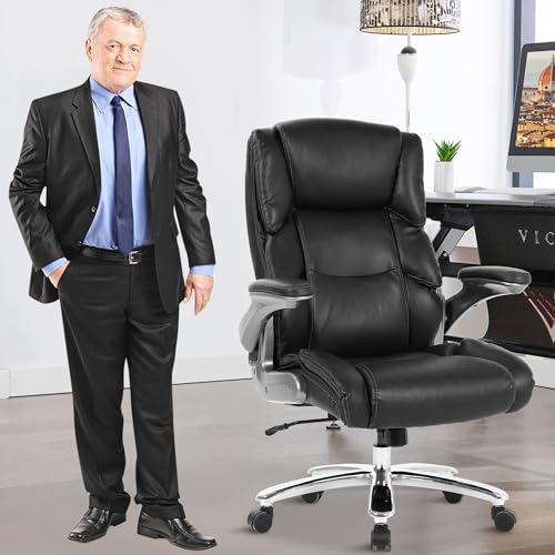 Ergonomic Big and Tall Office Chair Heavy Duty 400lbs Adjustable Rolling Swivel Desk Chair Pu Leather Executive Task Work Chair High Back Tilt Computer Chair w/Flip-up Armrest & Lumbar Support, Black