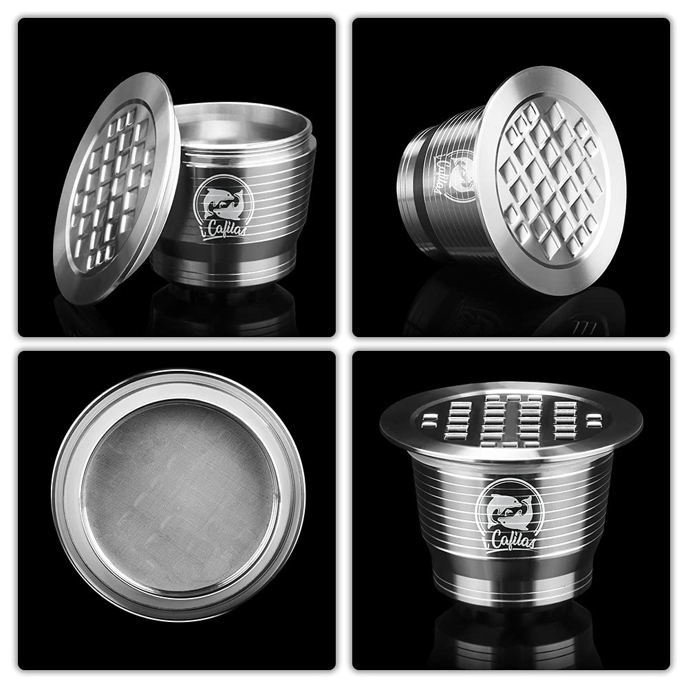 Maiju Compatible With Stainl Steel Coffee Capsule Reusable Refillable Coffee Capsule Cup Filter with Brush Spoon Powder-pr Ring, Square hole