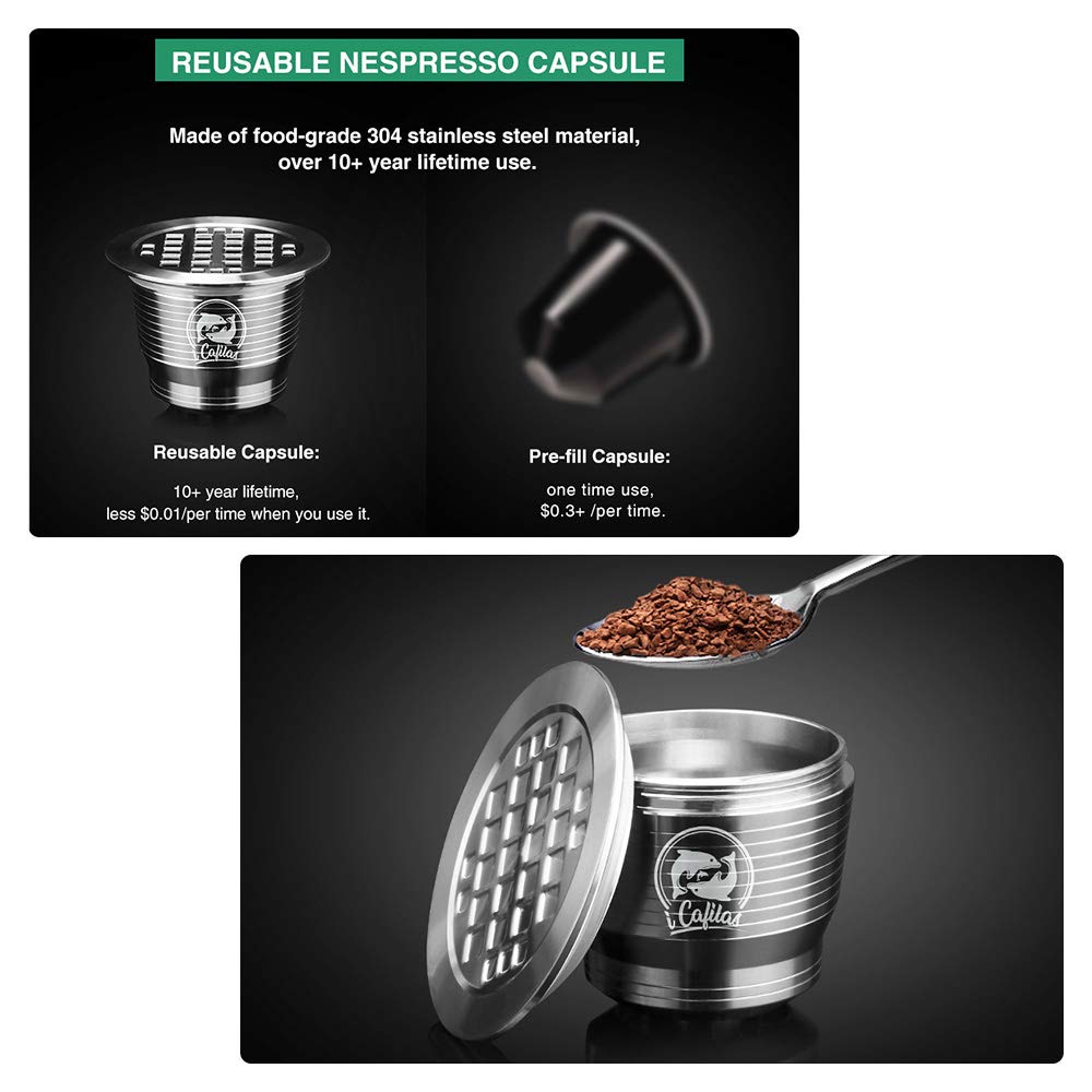Maiju Compatible With Stainl Steel Coffee Capsule Reusable Refillable Coffee Capsule Cup Filter with Brush Spoon Powder-pr Ring, Square hole