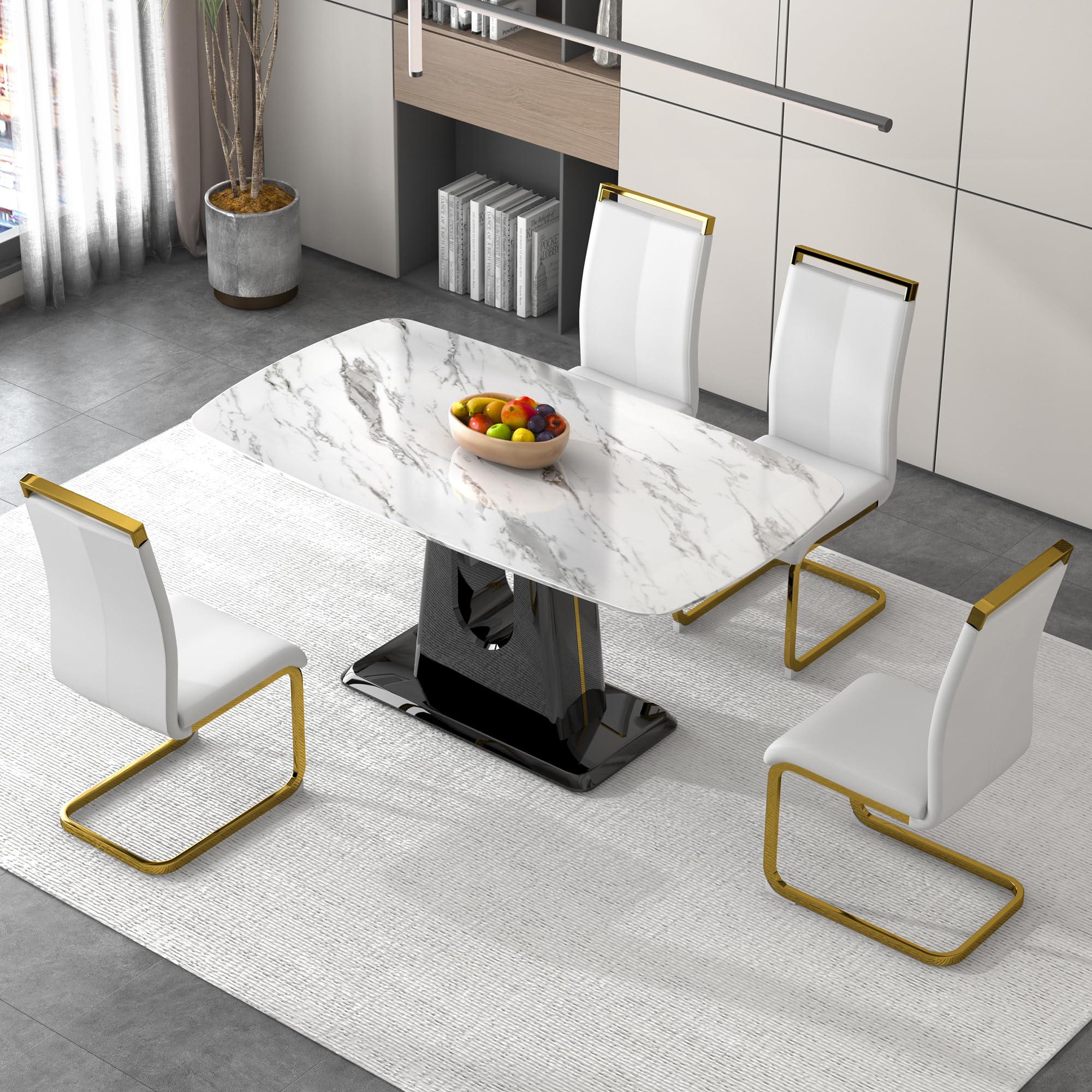 Pvillez Dining Table, Dining Table Set for 4 6, Faux Marble Tabletop Kitchen Dining Room Table Set with Dining Chairs Dinner Table U-Shaped (Table4+6pcs Gray Chair)