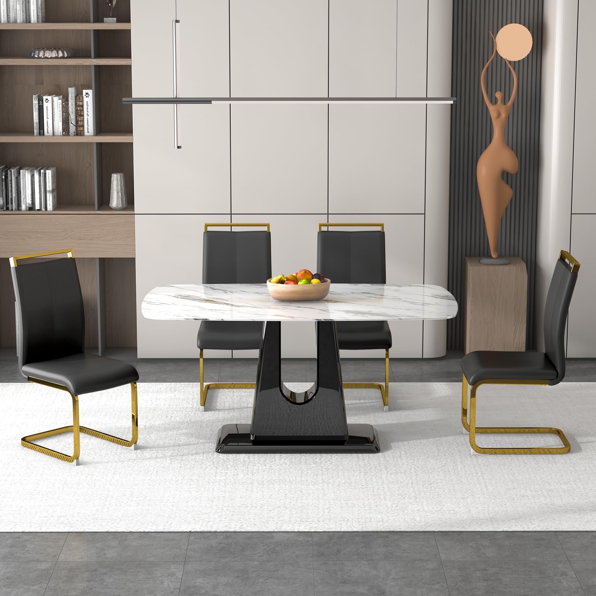 Pvillez Dining Table, Dining Table Set for 4 6, Faux Marble Tabletop Kitchen Dining Room Table Set with Dining Chairs Dinner Table U-Shaped (Table4+6pcs Gray Chair)