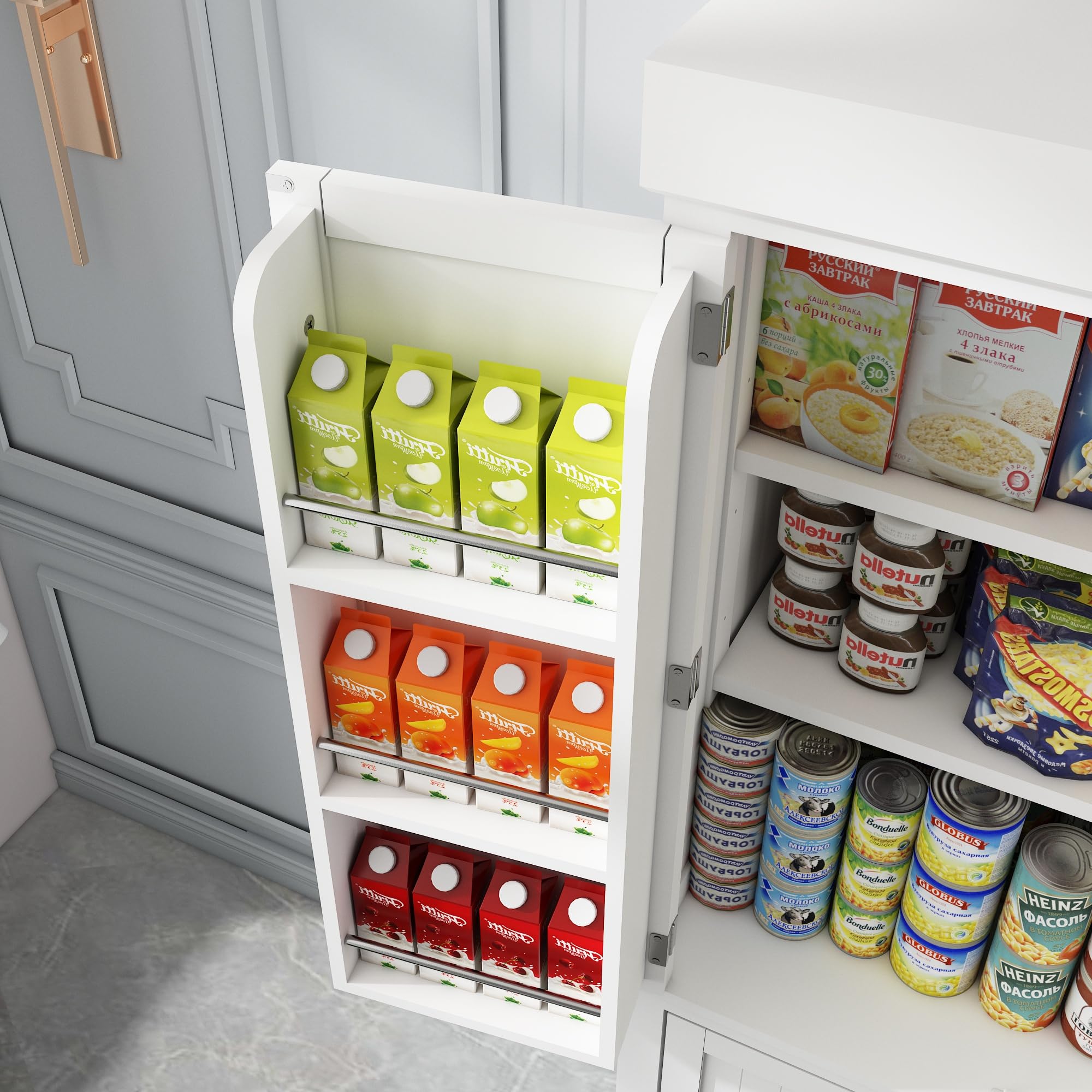 Squireewo 72" Freestanding Kitchen Pantry Storage Cabinet with Doors and 6 Hanging Shelves,Storage Cupboard with Large Drawer for Kitchen,Bathroom or Hallway, White