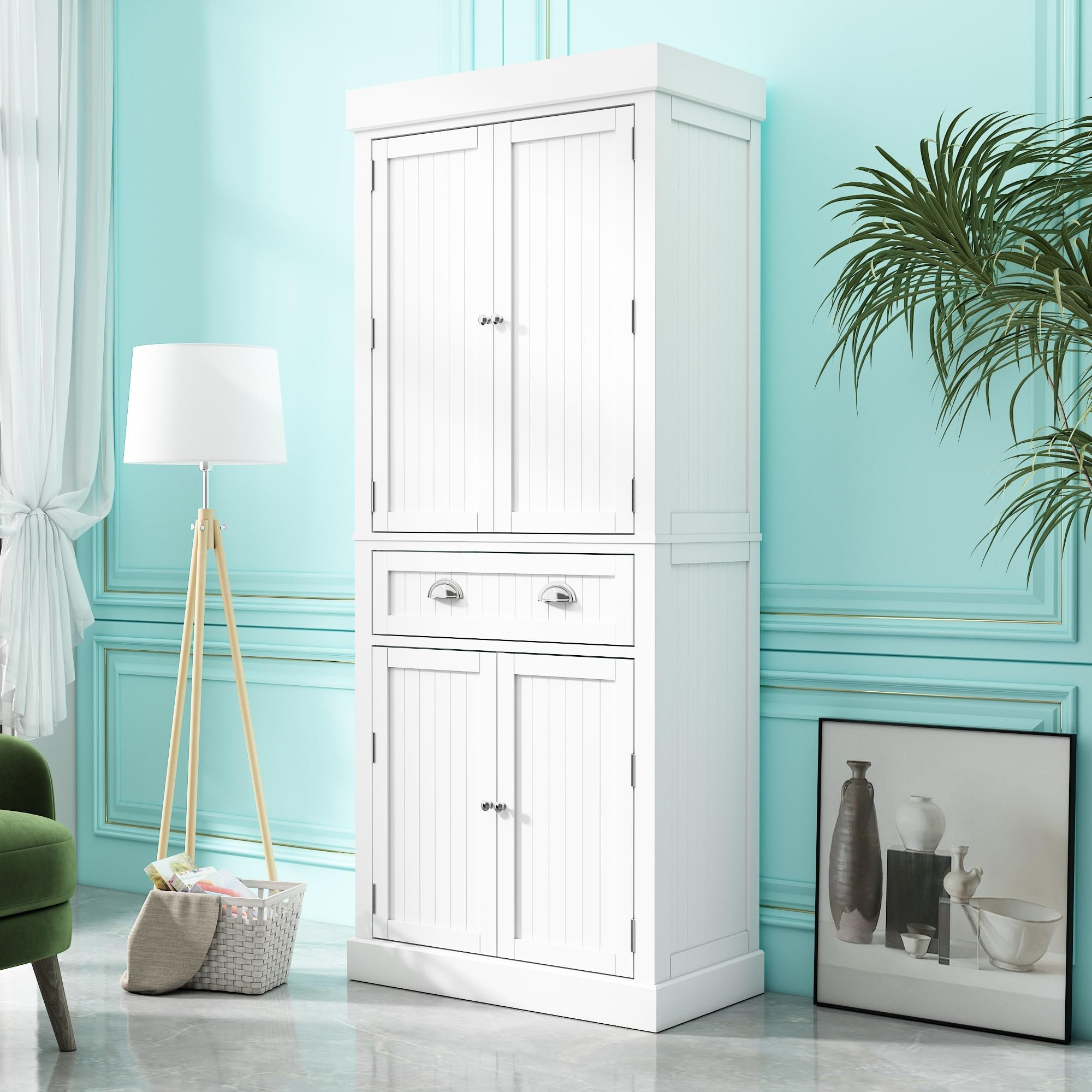 Squireewo 72" Freestanding Kitchen Pantry Storage Cabinet with Doors and 6 Hanging Shelves,Storage Cupboard with Large Drawer for Kitchen,Bathroom or Hallway, White