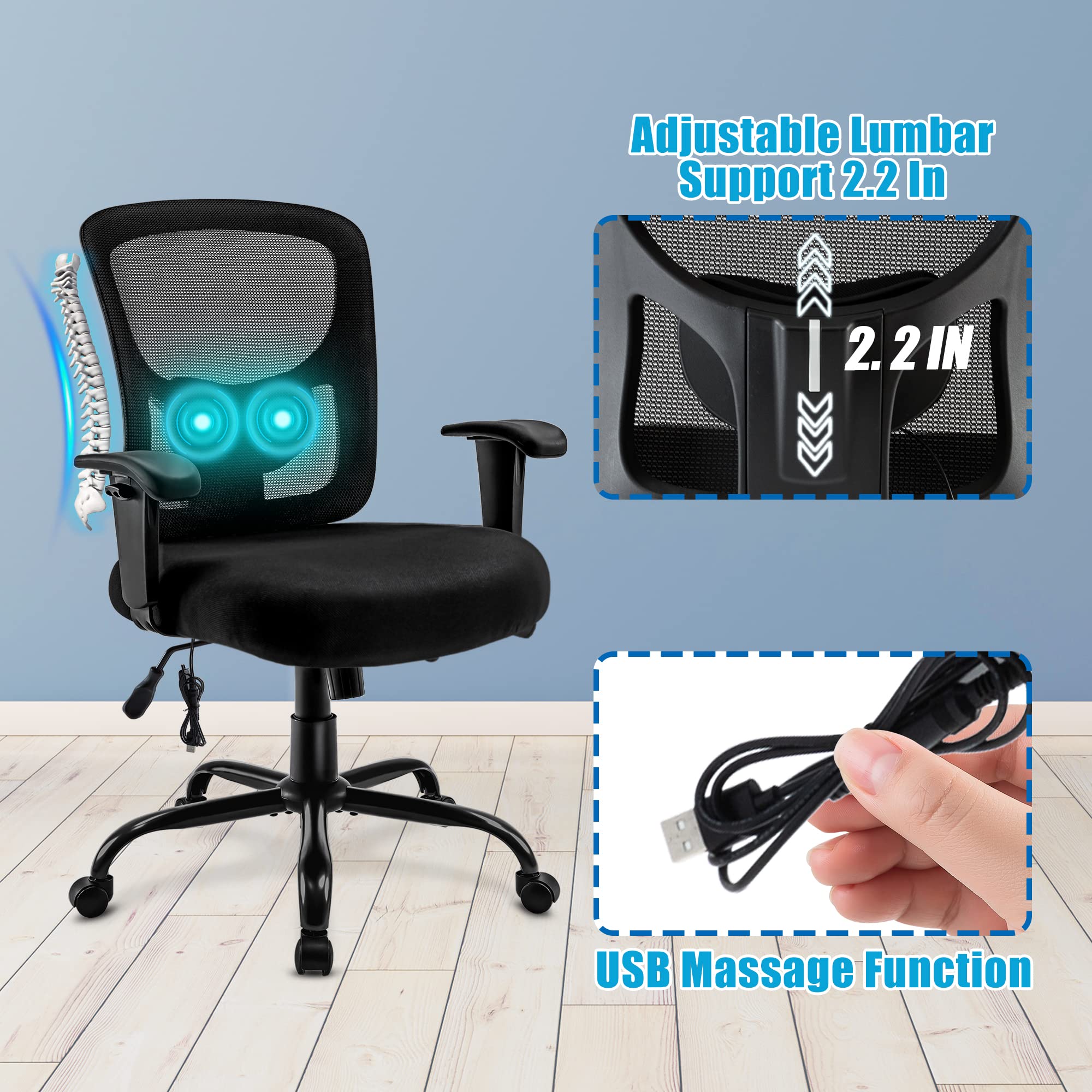 Home Office Chair for Big and Tall 400lbs Ergonomic Mesh Desk Chair with Adjustable Lumbar Support Arms High Back Wide Seat Task Executive Rolling Swivel Chair for Heavy People, Women Men