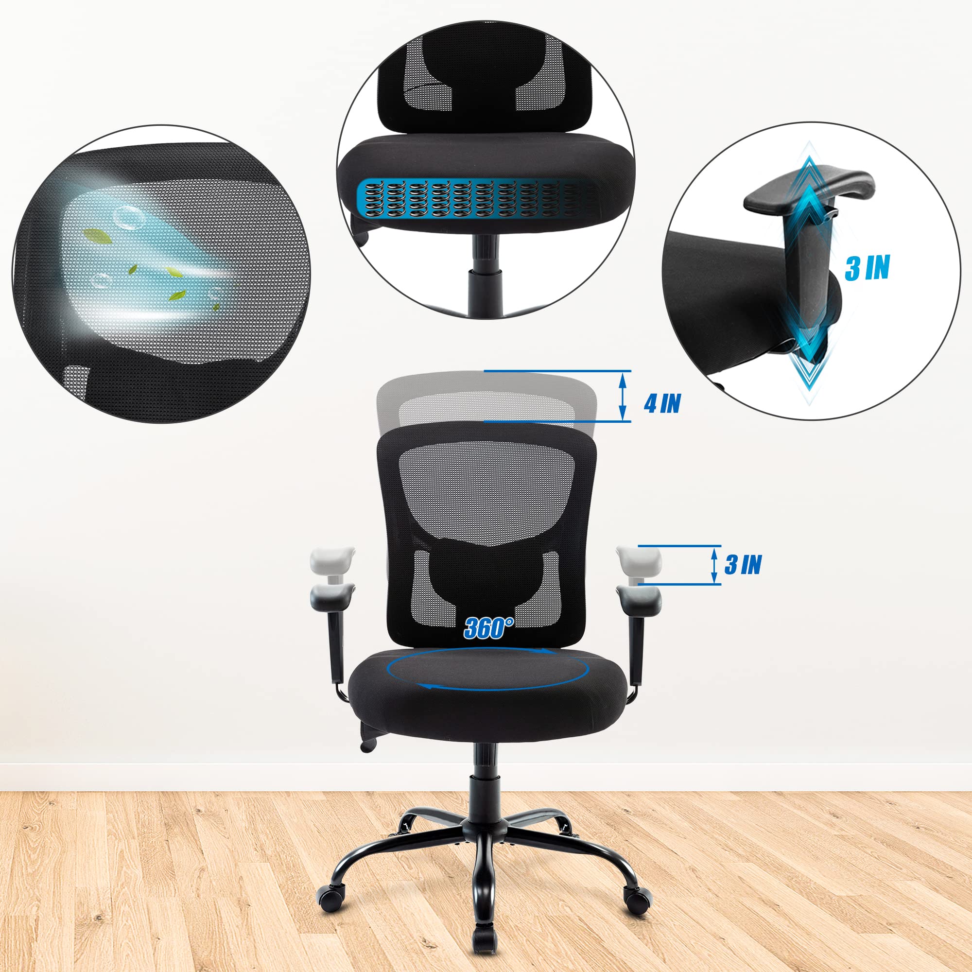 Home Office Chair for Big and Tall 400lbs Ergonomic Mesh Desk Chair with Adjustable Lumbar Support Arms High Back Wide Seat Task Executive Rolling Swivel Chair for Heavy People, Women Men