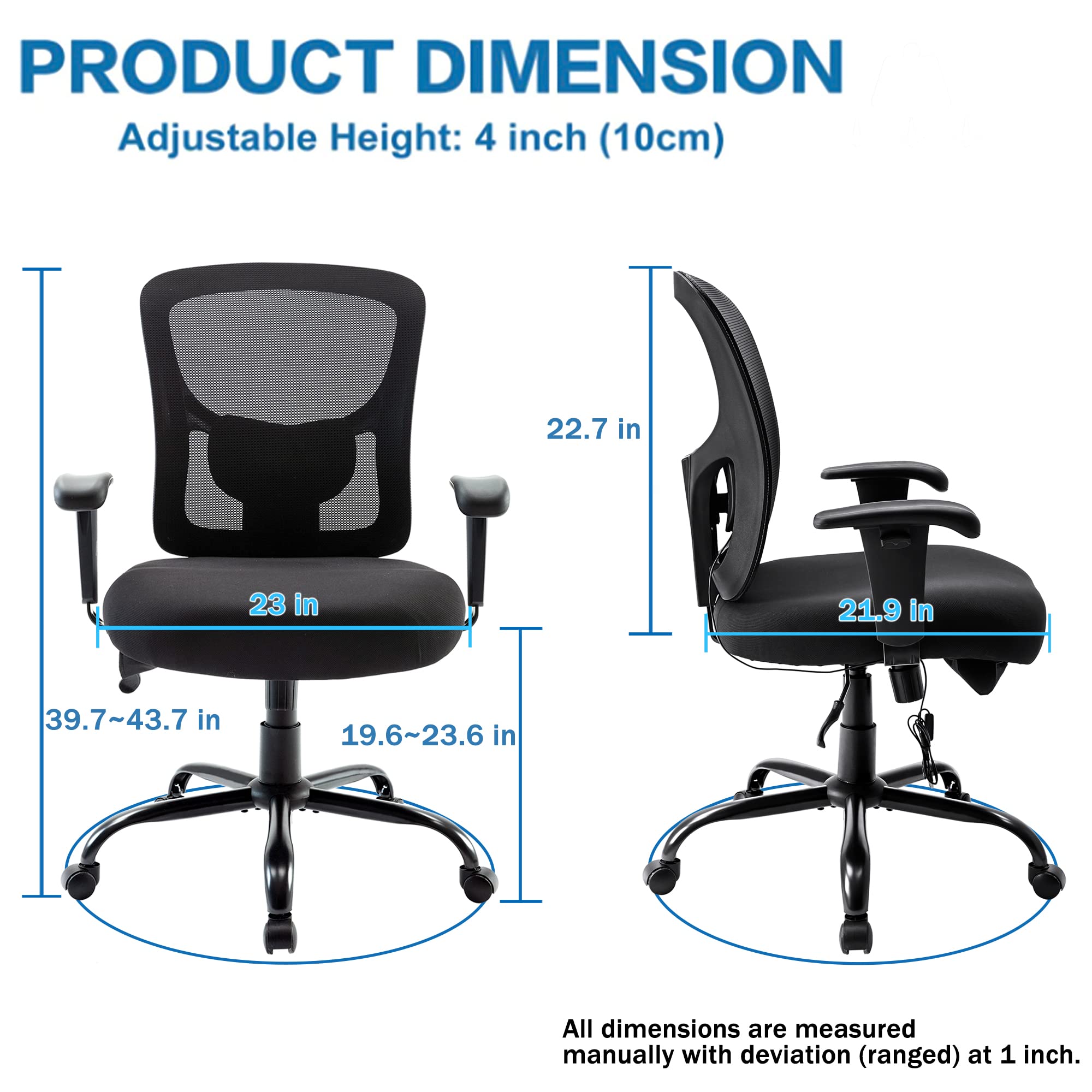 Home Office Chair for Big and Tall 400lbs Ergonomic Mesh Desk Chair with Adjustable Lumbar Support Arms High Back Wide Seat Task Executive Rolling Swivel Chair for Heavy People, Women Men