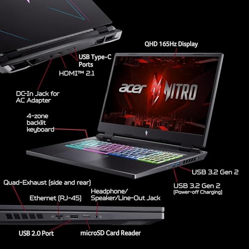 acer Nitro 17 Gaming Laptop 2023 Newest, 17.3" 165Hz 2.5K QHD Display, AMD Ryzen 7-7840HS, NVIDIA GeForce RTX 4060, 32GB DDR5, 1TB SSD, Backlit Keyboard, Windows 11 Home, with Laptop Stand